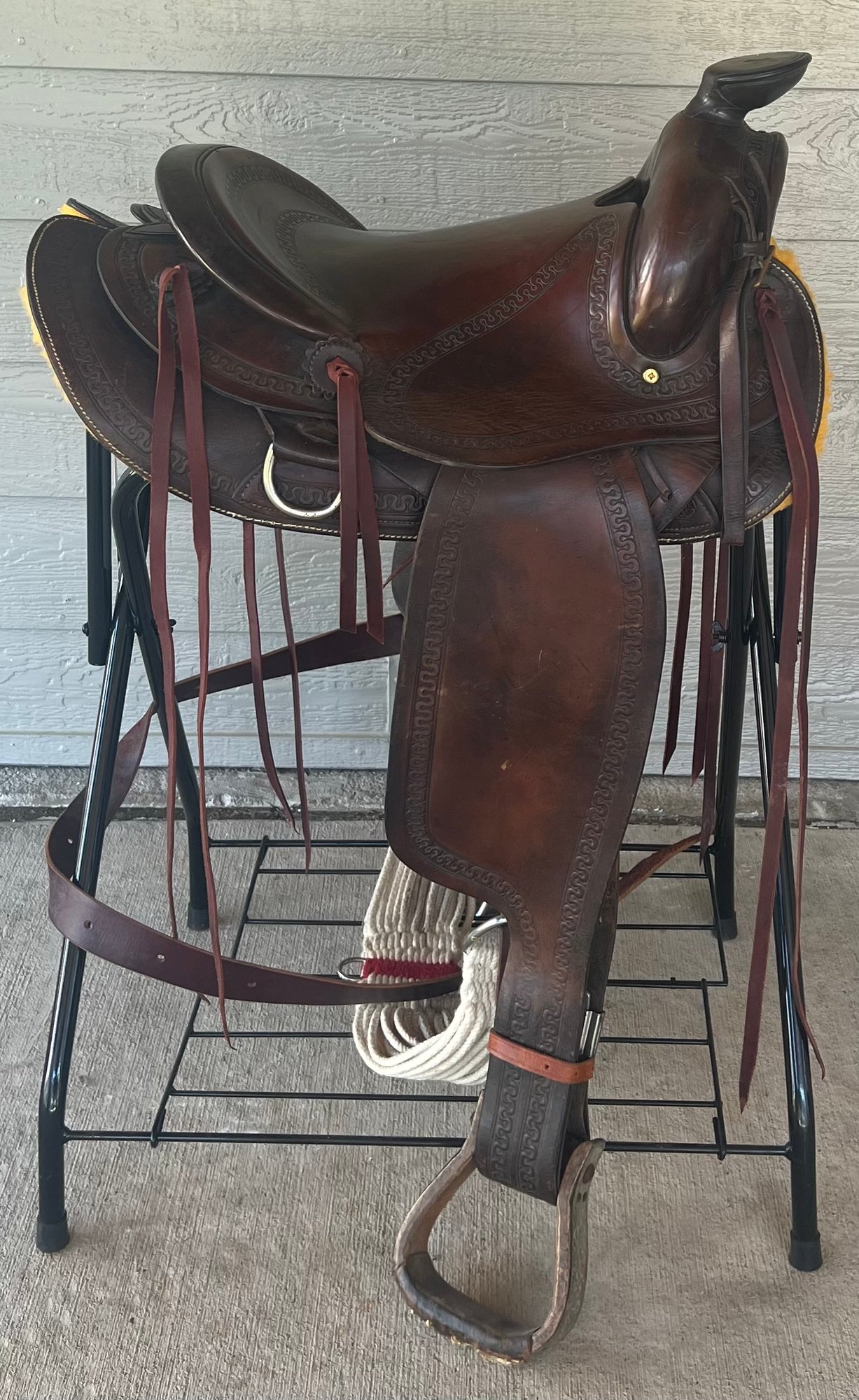 Vintage Adult Hand Tooled Leather Ranch Saddle With Stirrups And Cinch ...