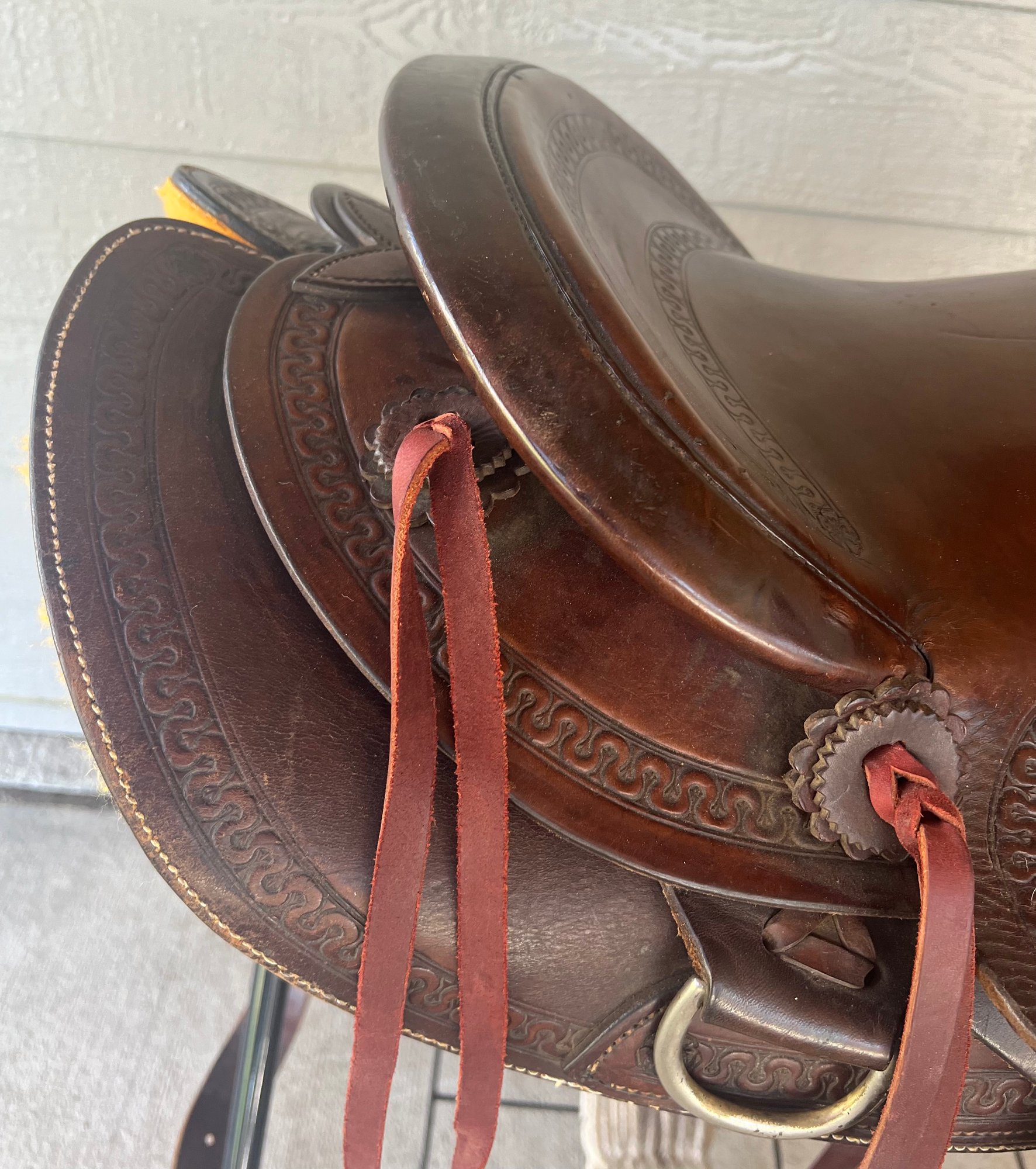 Vintage Adult Hand Tooled Leather Ranch Saddle With Stirrups And Cinch ...