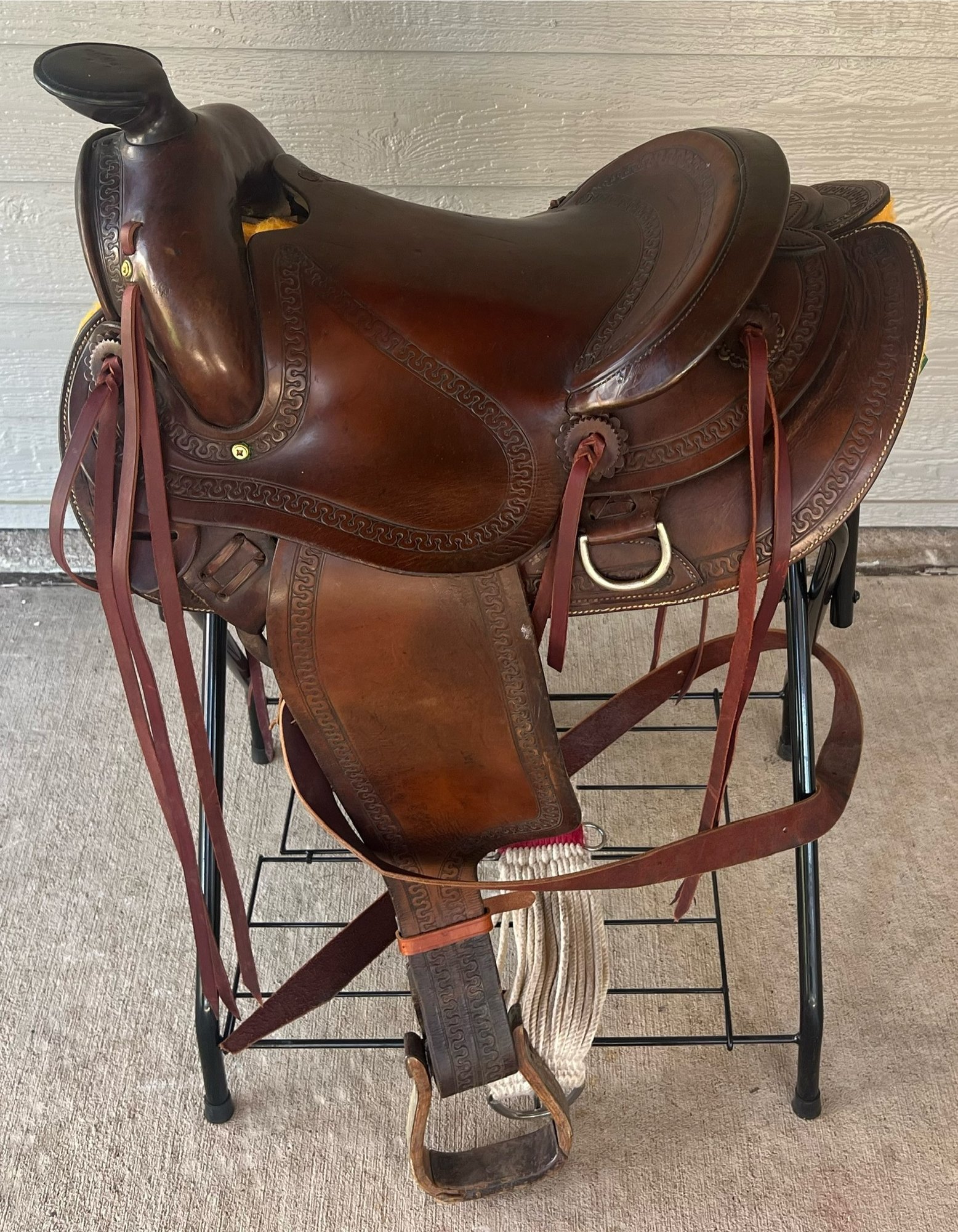 Vintage Adult Hand Tooled Leather Ranch Saddle With Stirrups And Cinch ...
