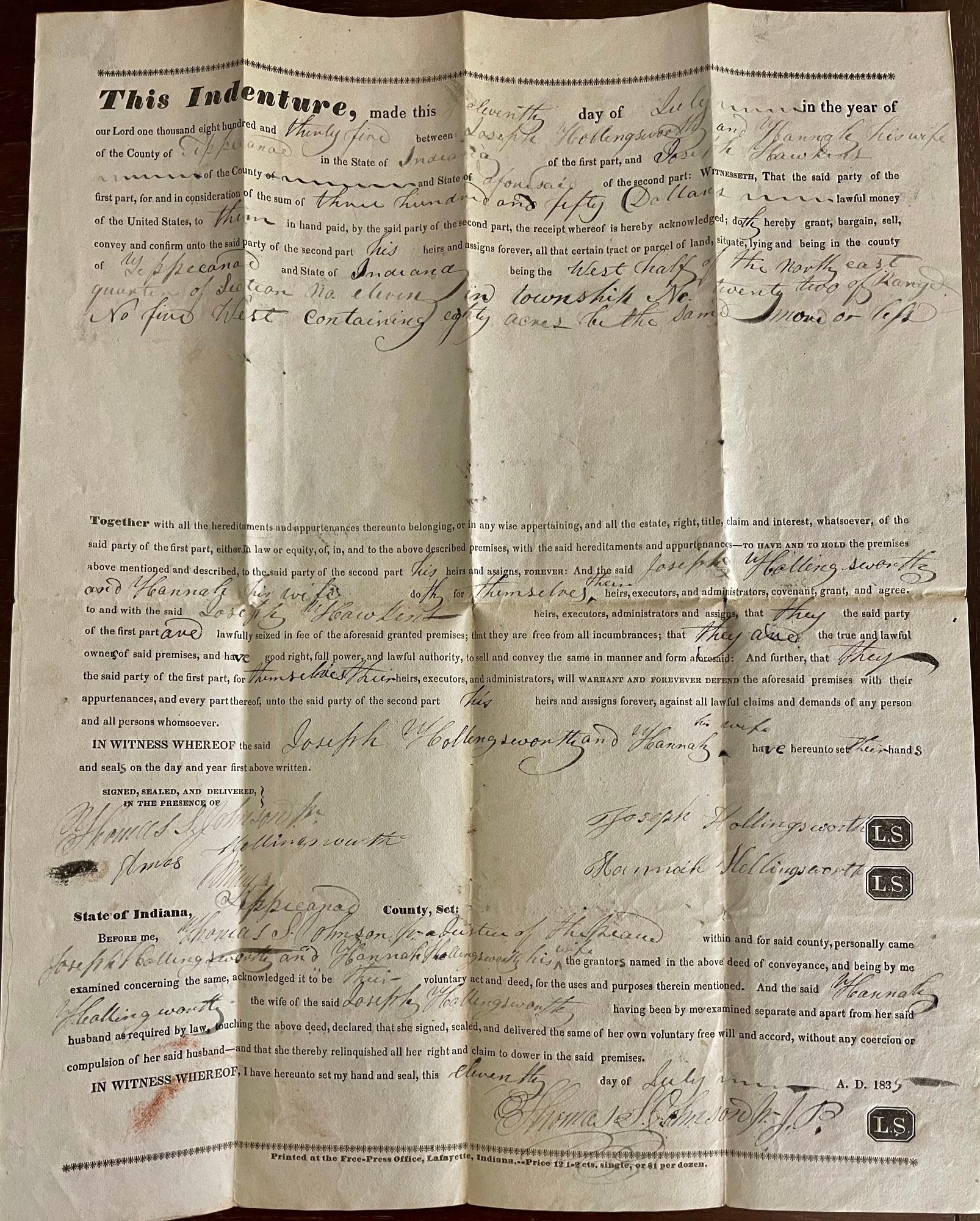 Historical Document 1835 Indenture Land Deed Tippecanoe Indiana Joseph ...