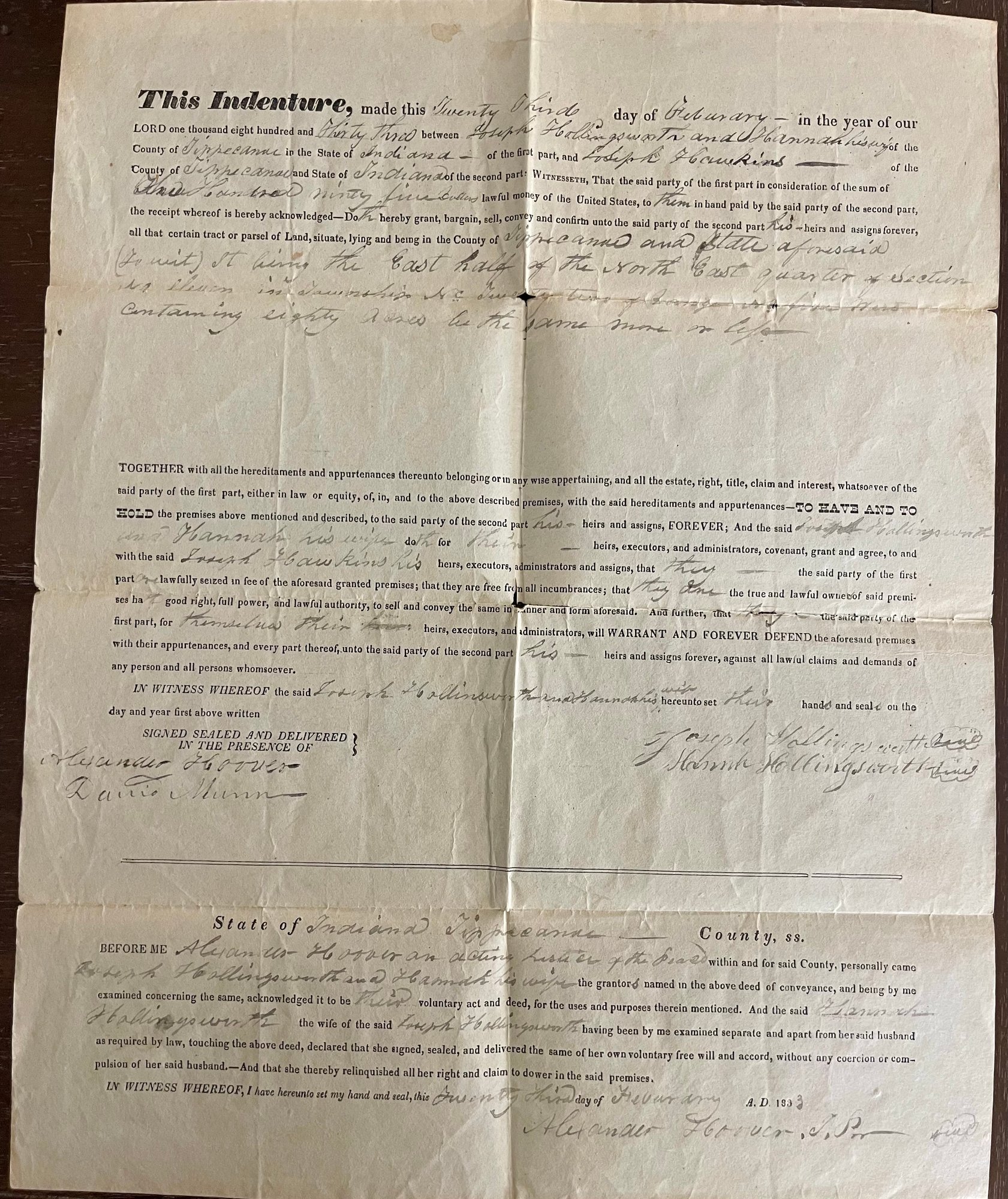 Historical Document 1833 Land Indenture Joseph Hollingsworth & Joseph ...