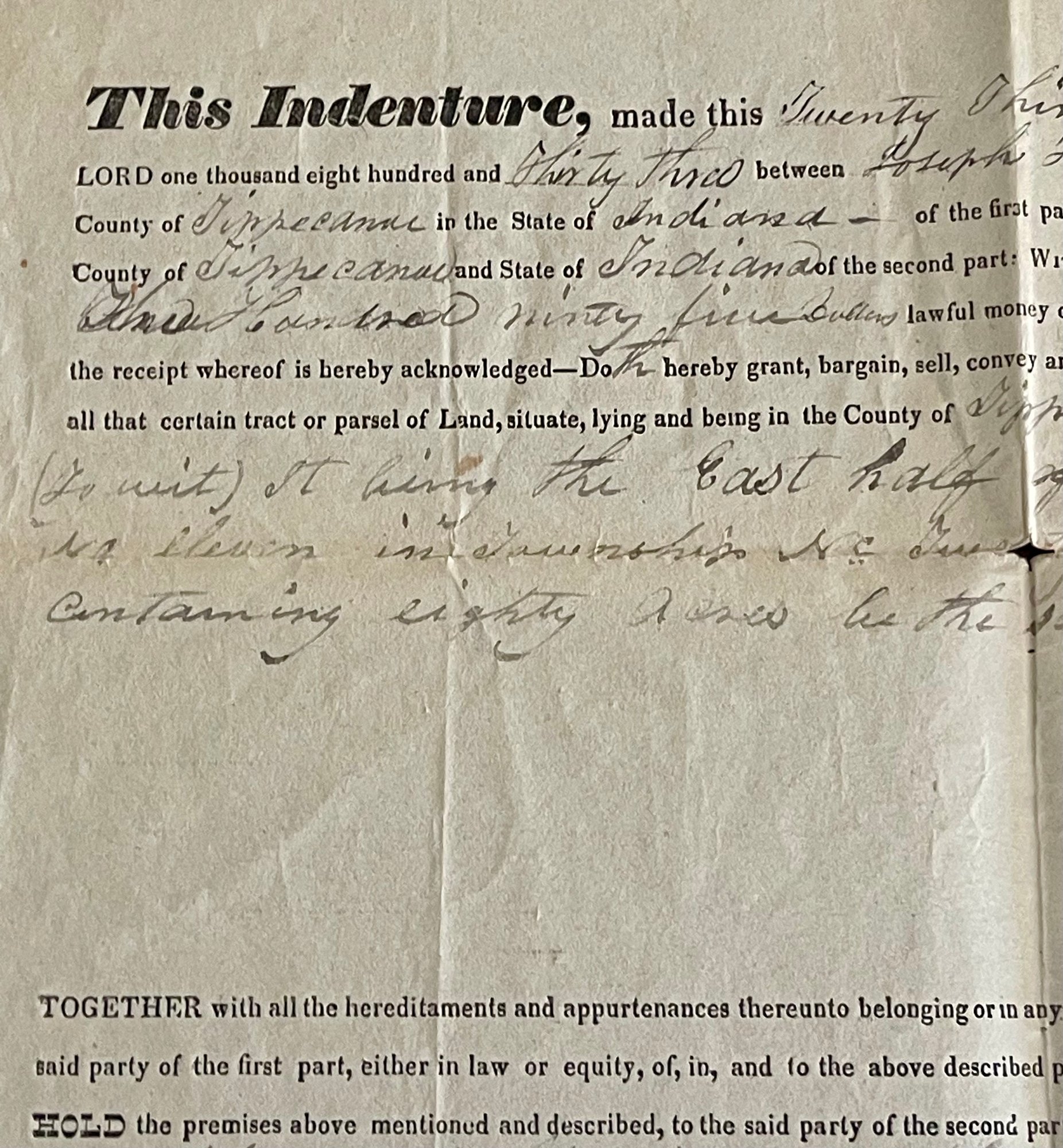Historical Document 1833 Land Indenture Joseph Hollingsworth & Joseph ...