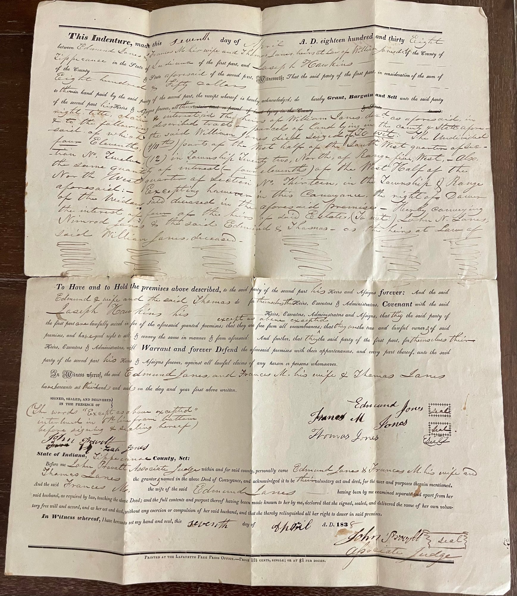 Historical Document 1838 Indenture Land Deed Thomas Jones & Edmond ...