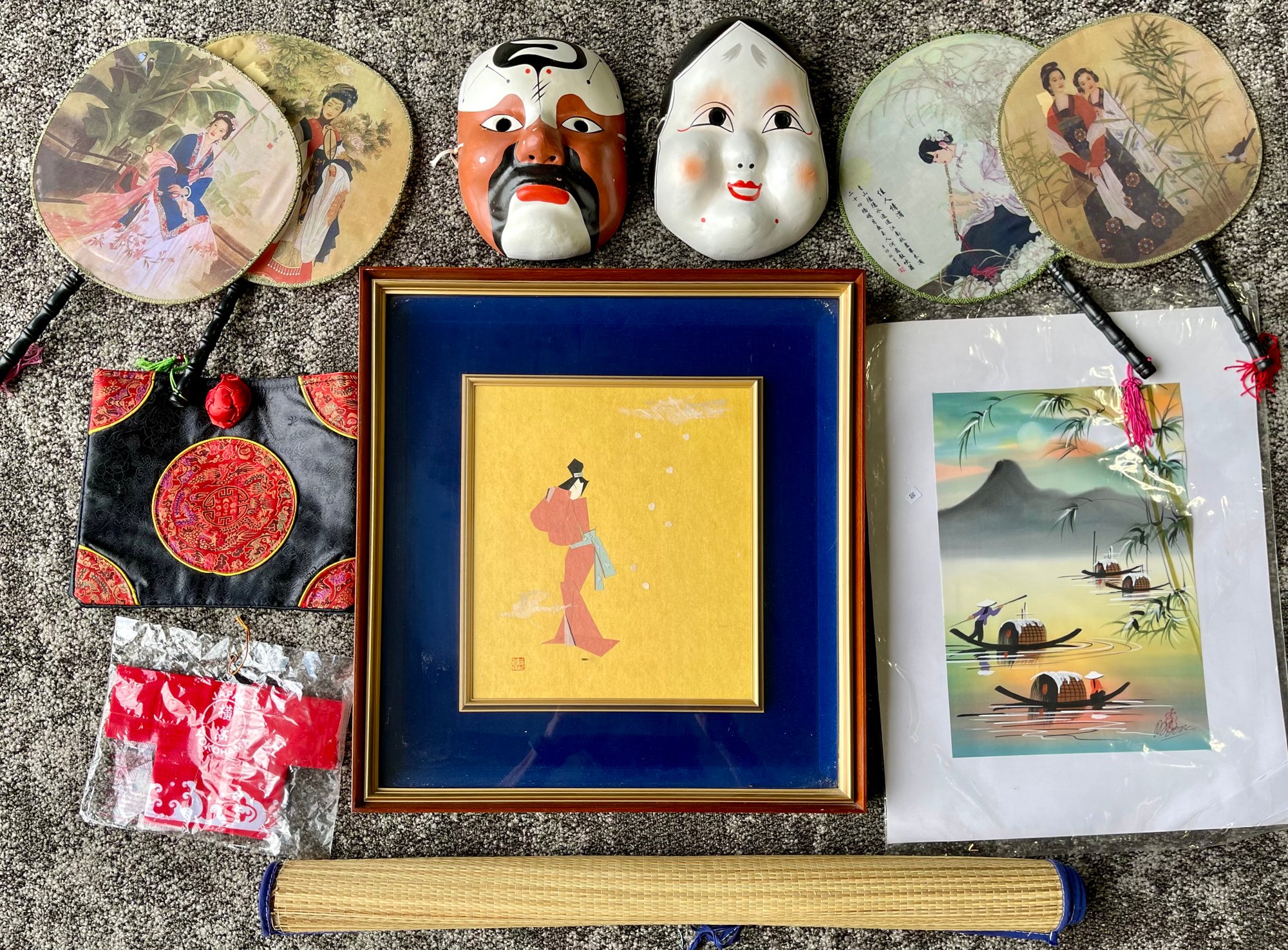 Asian Decor - Shadow Box Picture, Signed Print, Mat, Lucky Washi Masks ...