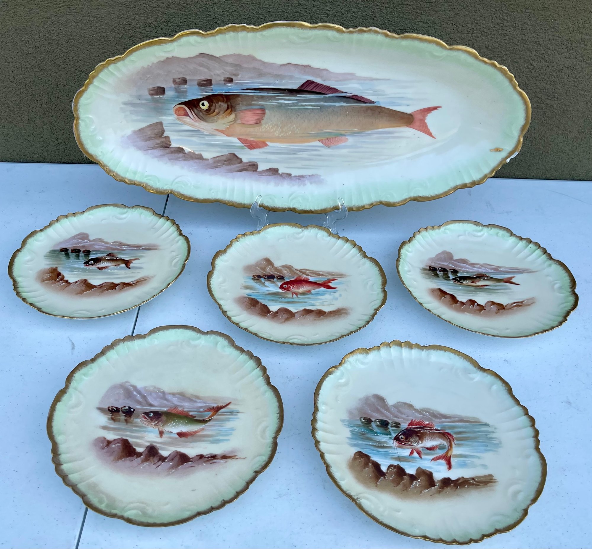 Antique Limoges France Master Fish Plate (as Is) With (5) Dinner Plates ...