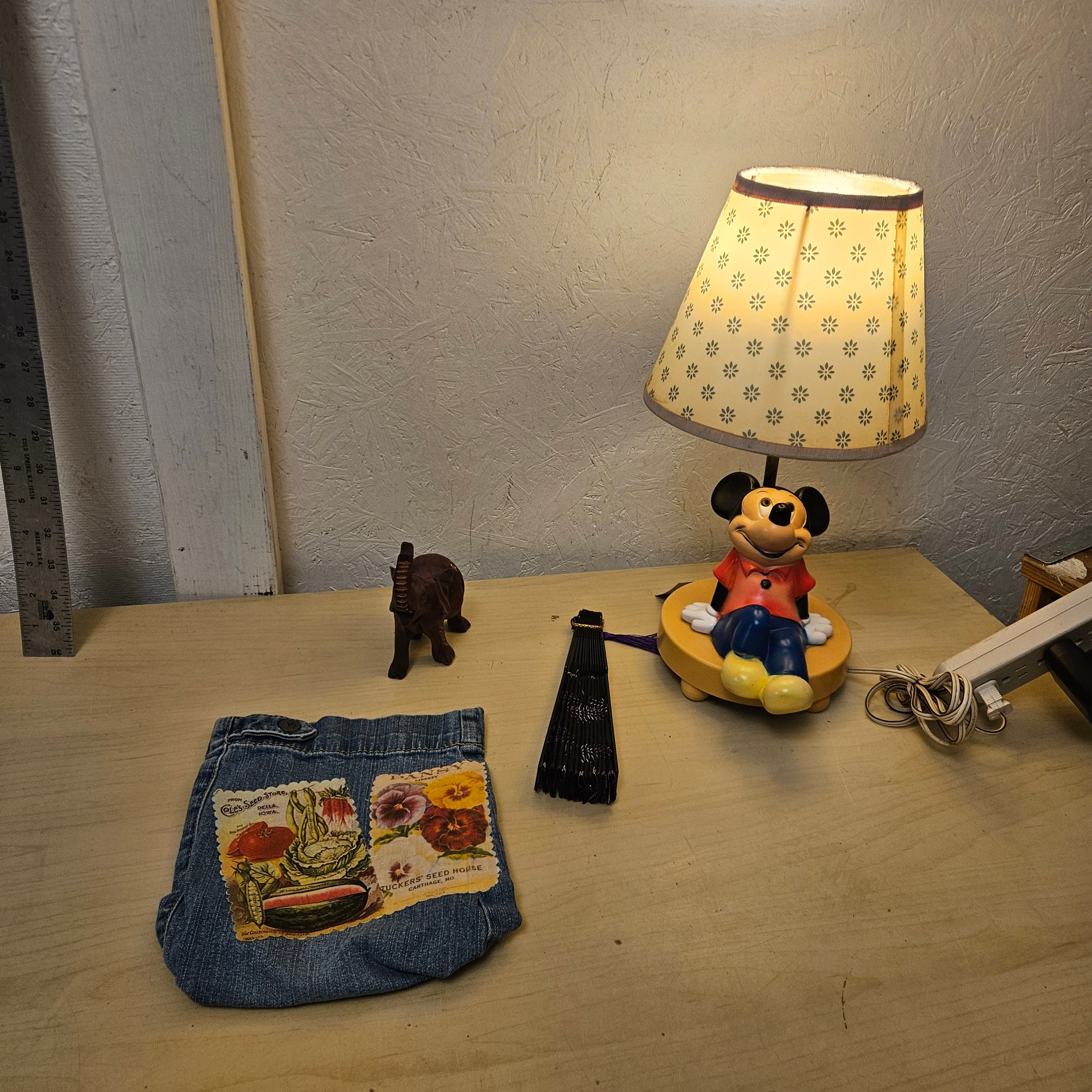 Mickey Mouse Lamp, Denim Pocket Pouch, Small Fan & Wooden Elephant ...