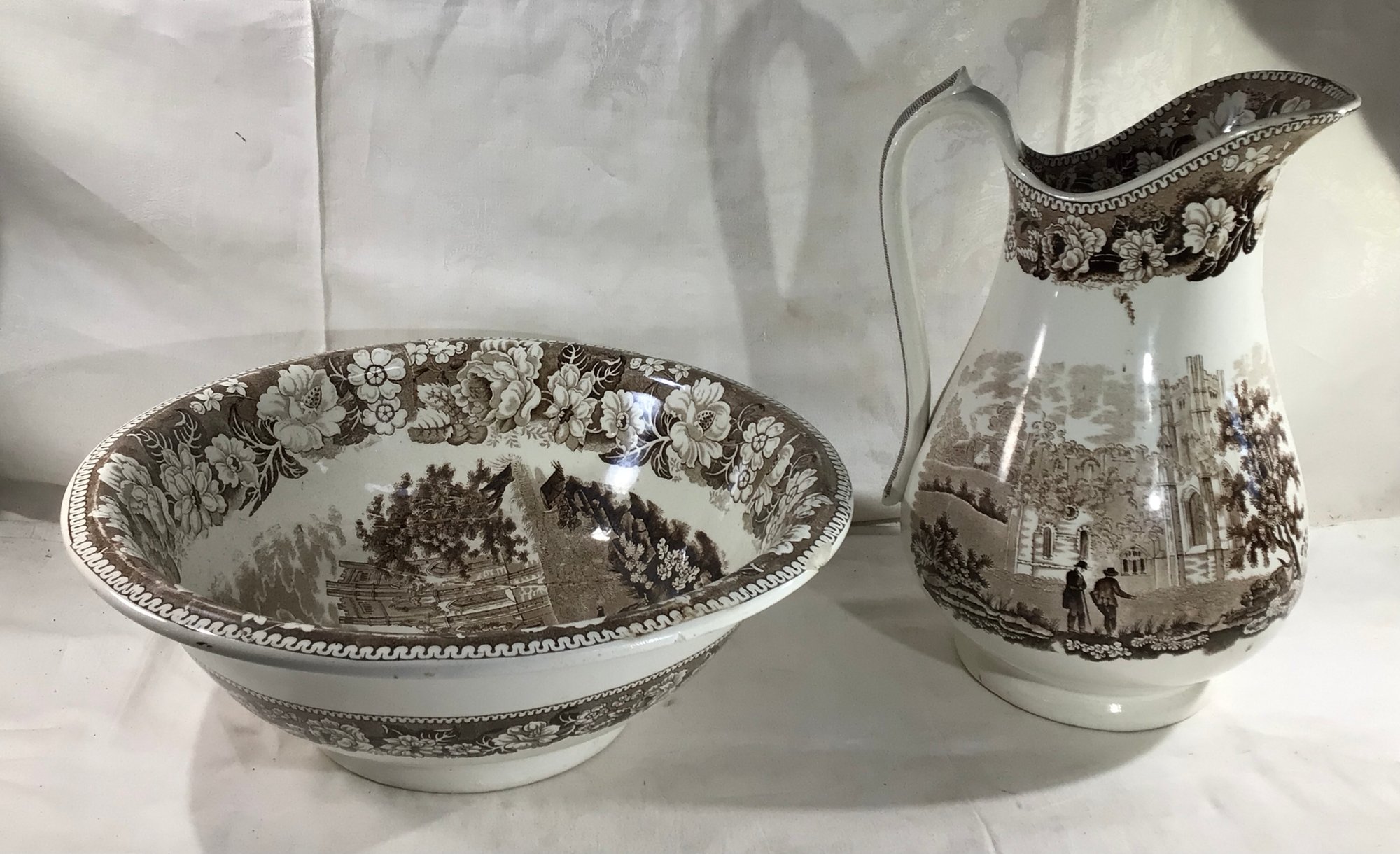 Transferware Pitcher And Wash Bowl, Pitcher 11.5 In Height, Bowl 13 In ...