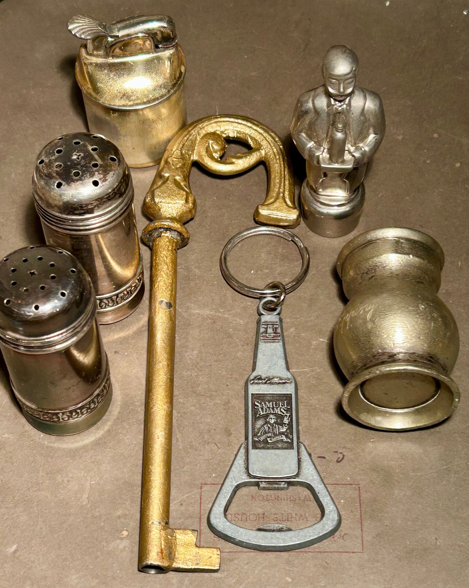 Neat Vintage Metal Lot, Key, Bottle Top Figure, Salt & Pepper Marked ...