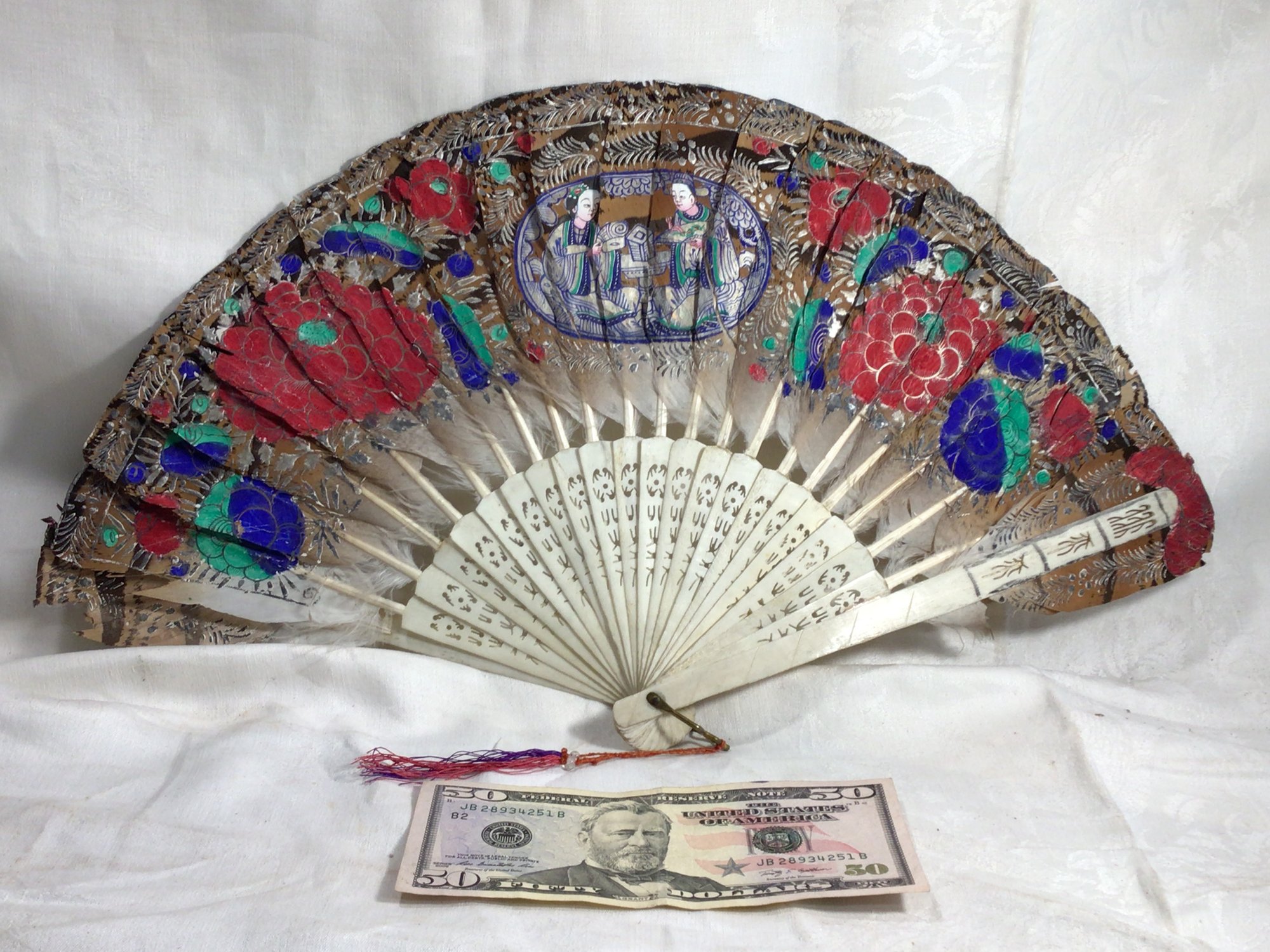 Antique Ivory And Painted Hawk Feathers Fan, 1800s - 10 In Length - #E ...