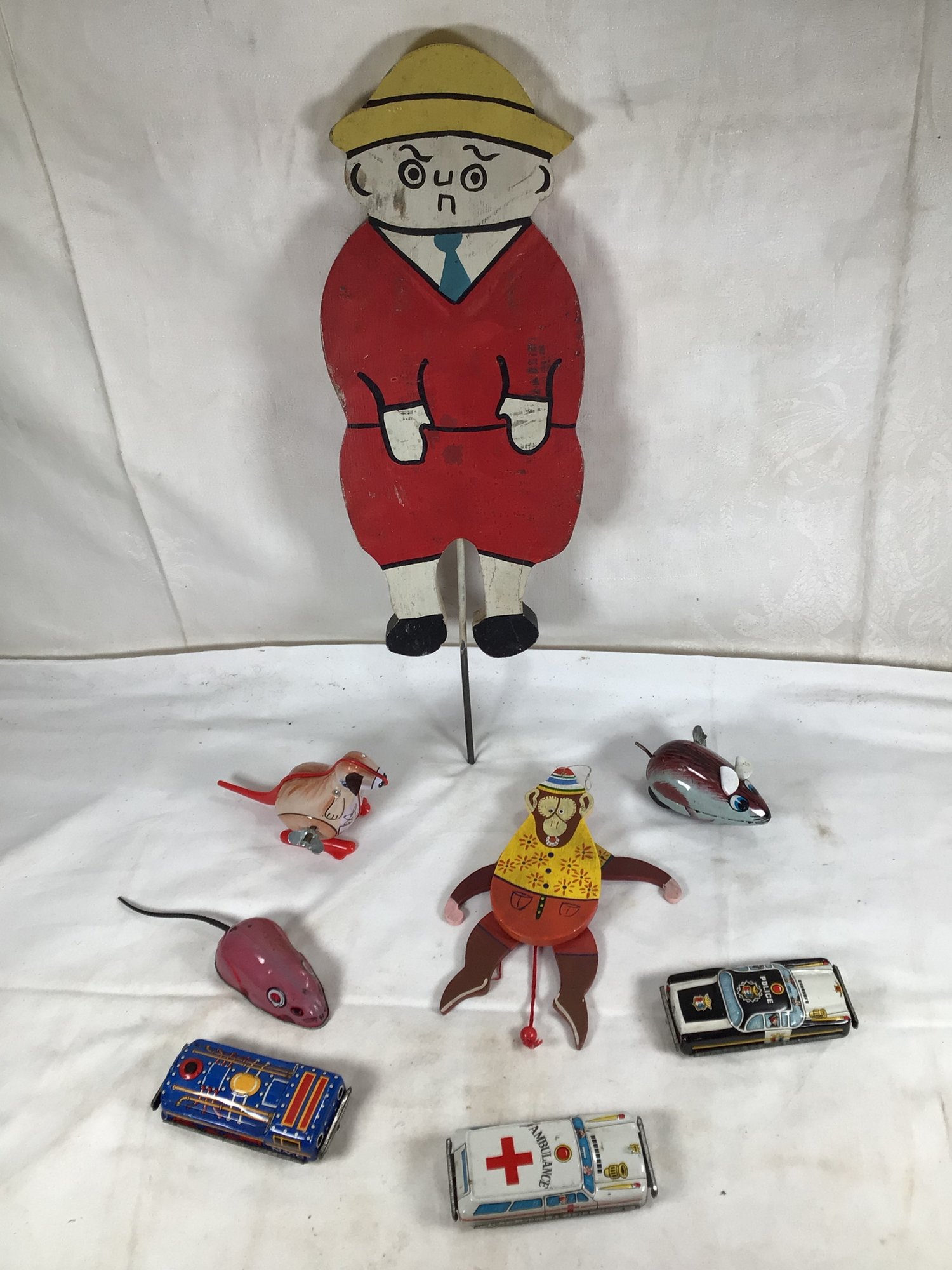 Carved Wood Boy, Vintage Pull String Monkey, Vintage Tin Litho Friction ...