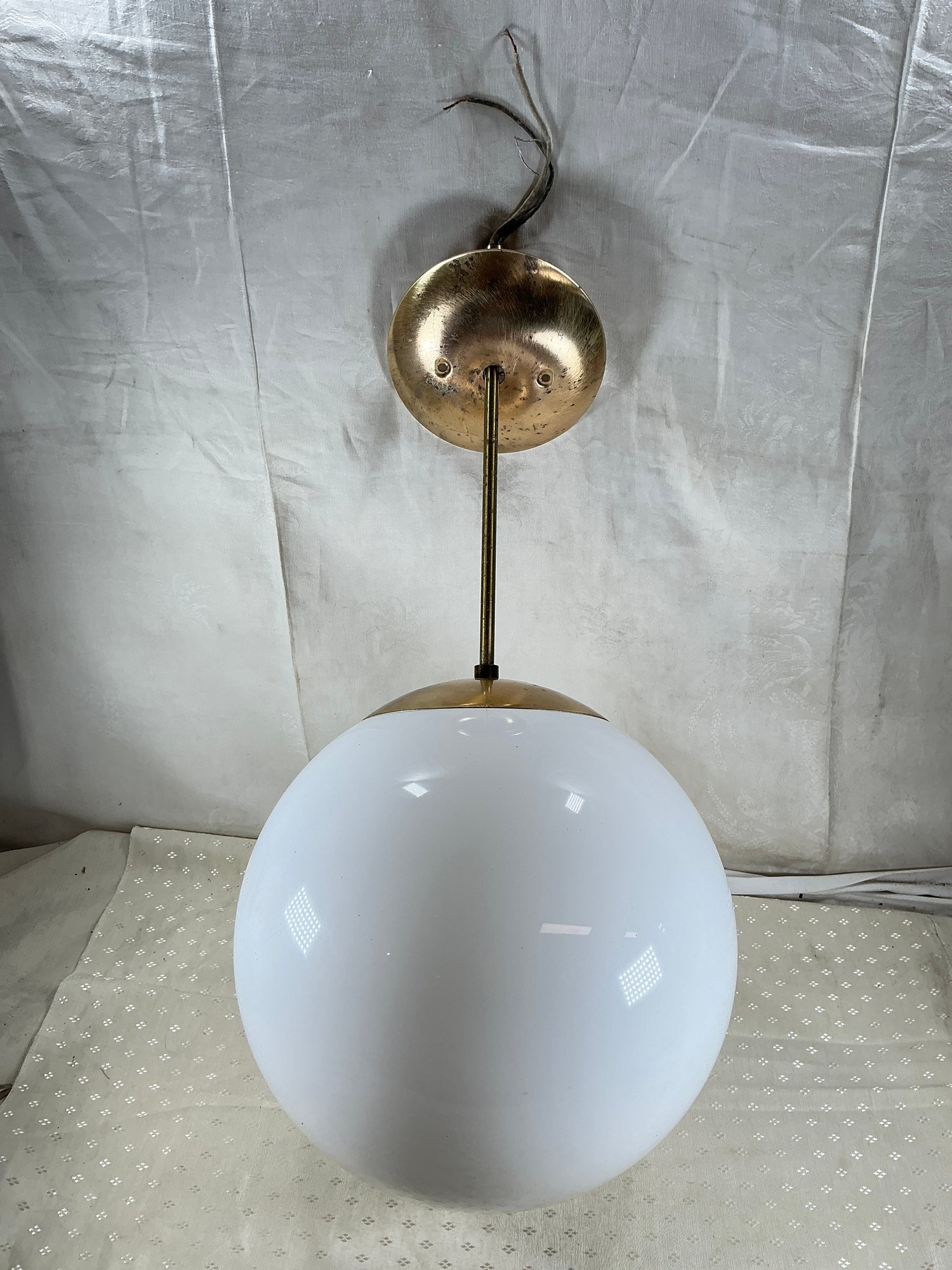 Mid Century Modern Brass And Opaline Glass Globe Pendant Light, Globe ...
