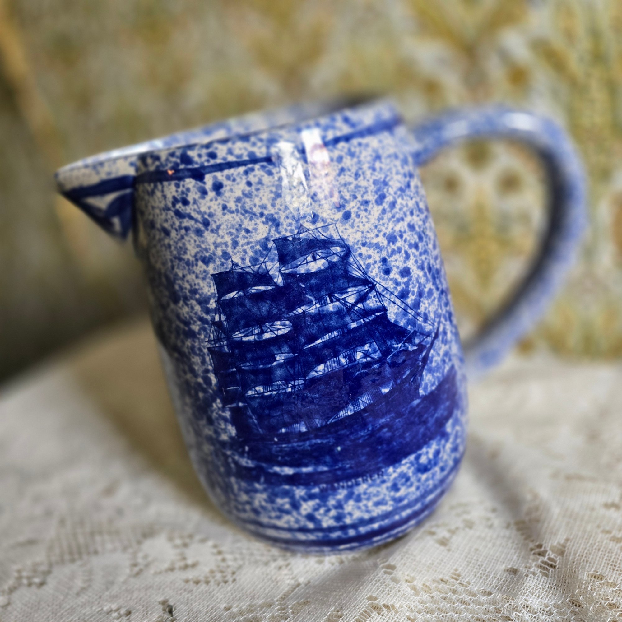 Vintage Speckled Blue Pottery Pitcher With Boat, 'Wanderer' (Entry ...