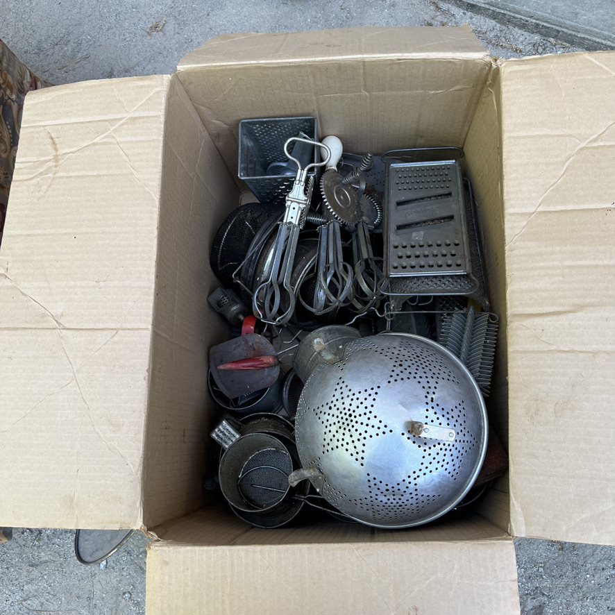 Box Of Old Kitchen Items, Egg Beaters, Shredders And Other Old Tools #31444 | Auctionninja.com