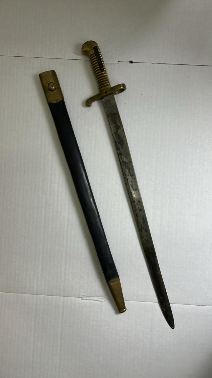 Antique Civil War Era Bayonet With Brass Handle And Leather Scabbard ...