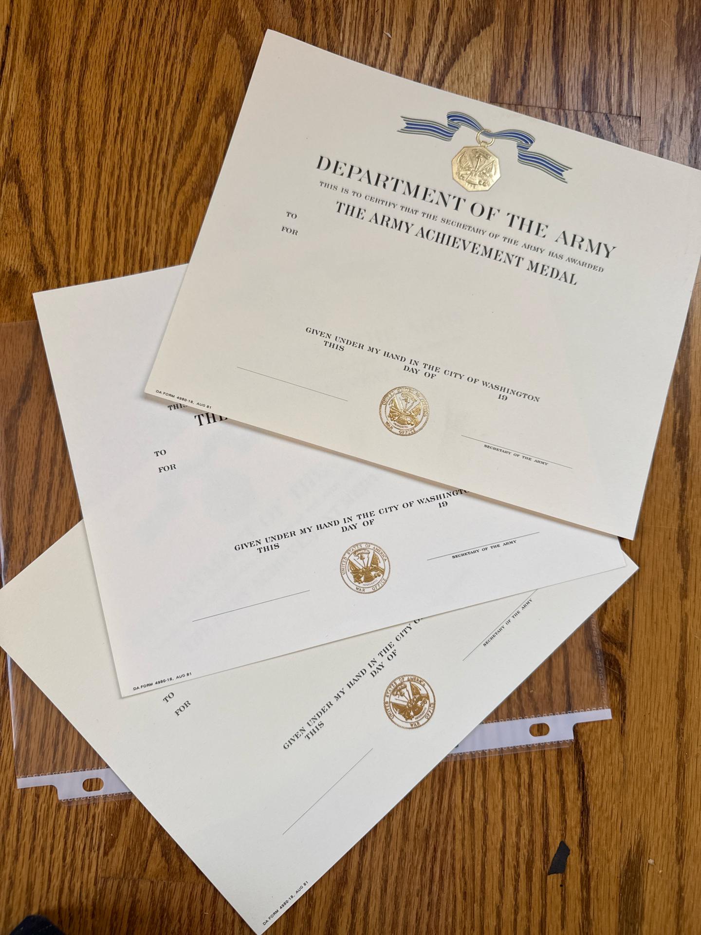 Department Of The Army Award Certificates (Lot 591) #122223 ...