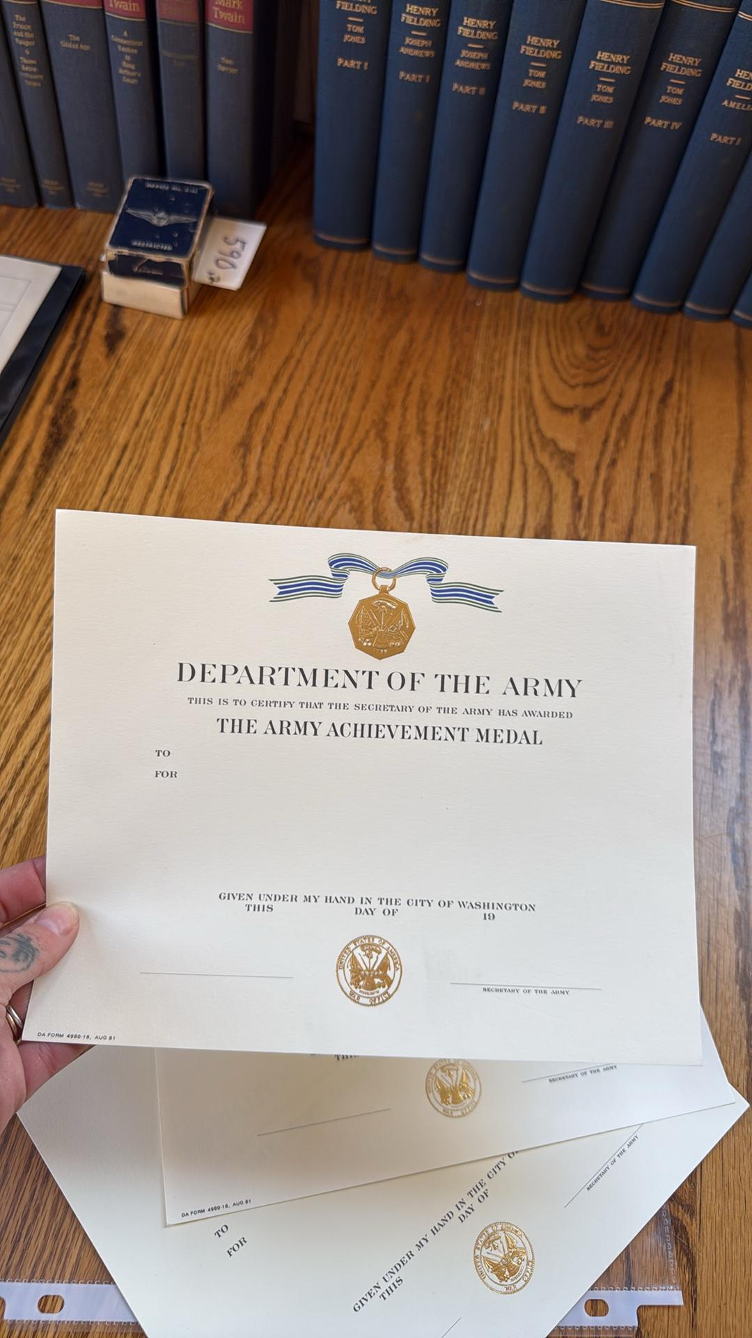 Department Of The Army Award Certificates (Lot 591) #122223 ...