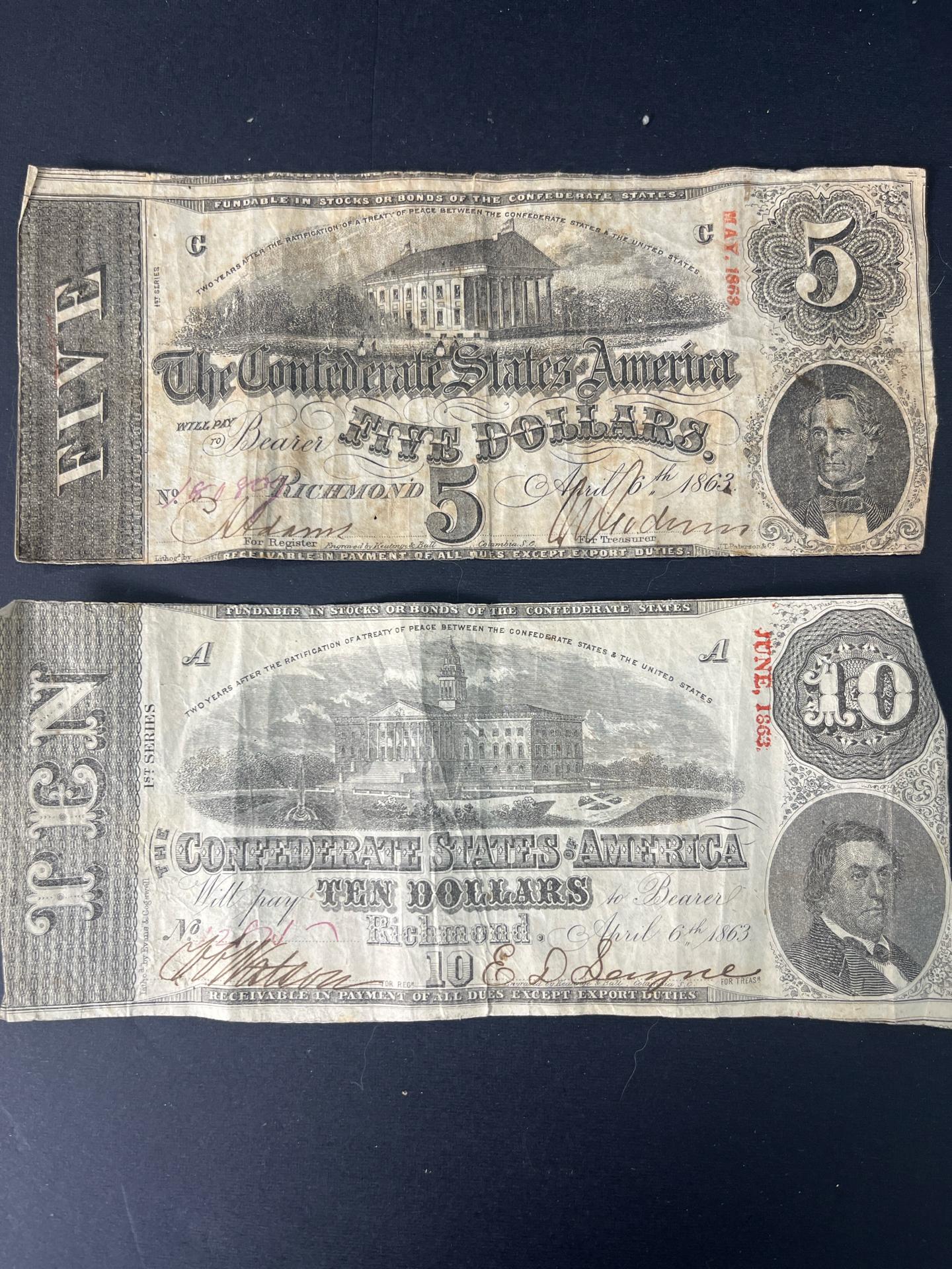 Confederate States $5 And $10 Banknotes, 1861 And 1863, Historical ...