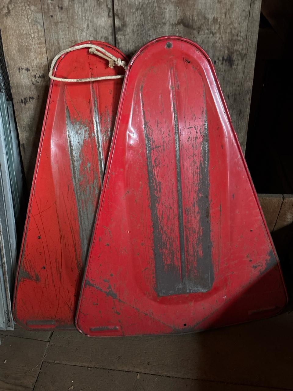 Pair Of Vintage Blazon Sno Wing Red Metal Snow Sleds (BUB) #126586 ...