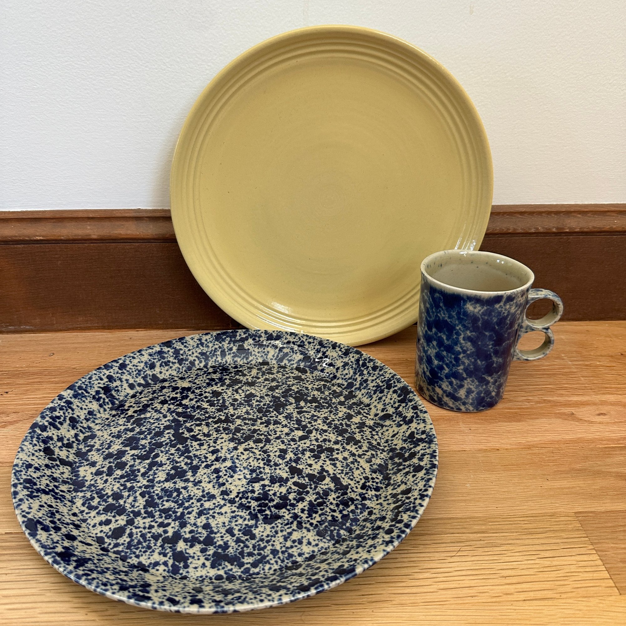 Pair Of Blue Speckled Bennington Pottery Pieces Plus Signed Yellow ...