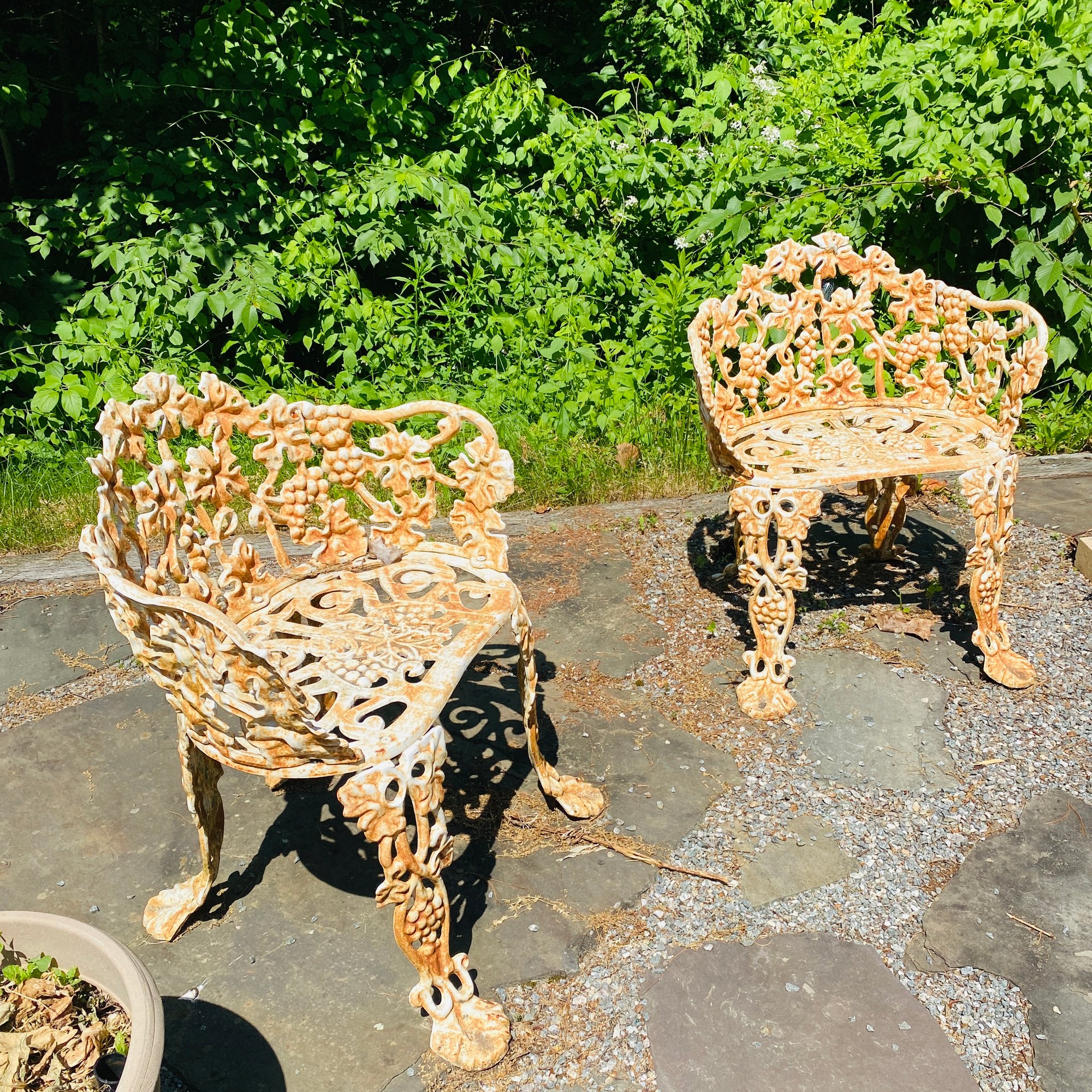 Pair Of Vintage Cast Iron Grapevine Chairs - Finish Wear Noted (Yard ...