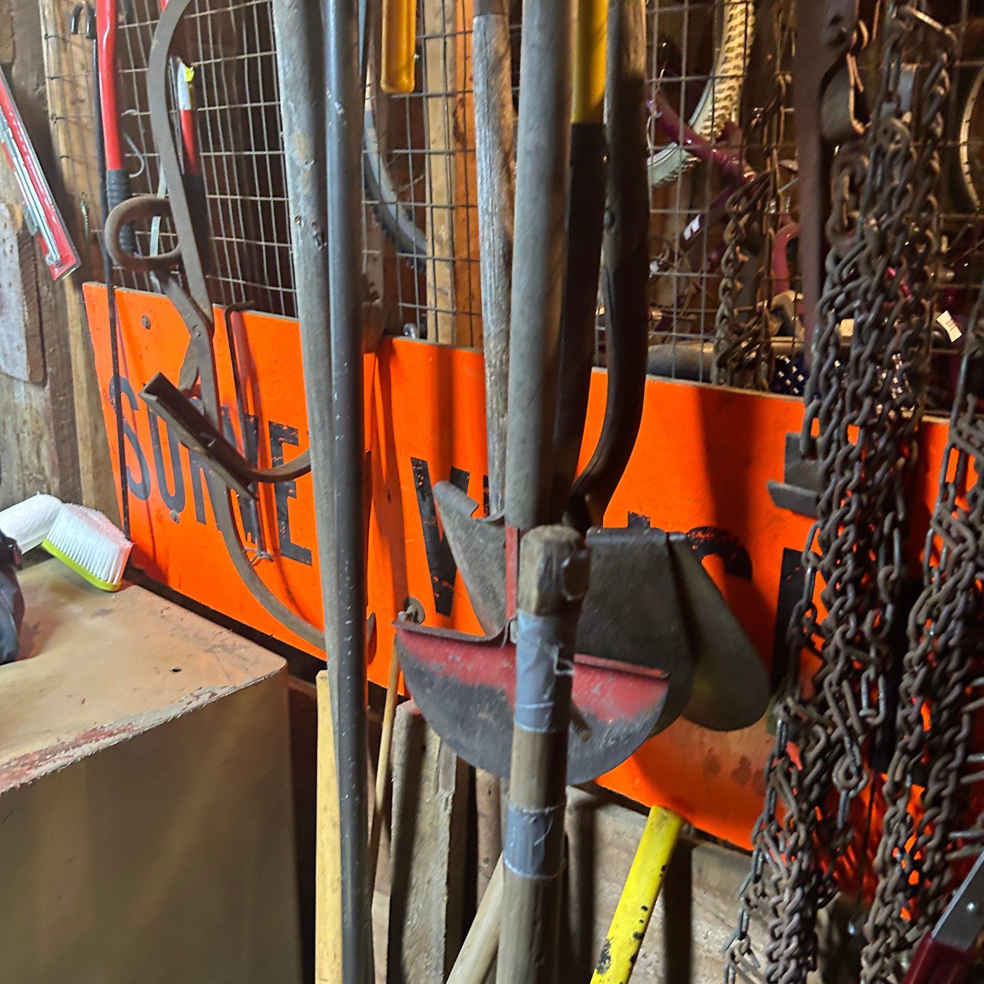 Pickers Lot: Wall Lot Of Yard Tools, Hand Tools, Chains, Cabinet, And ...