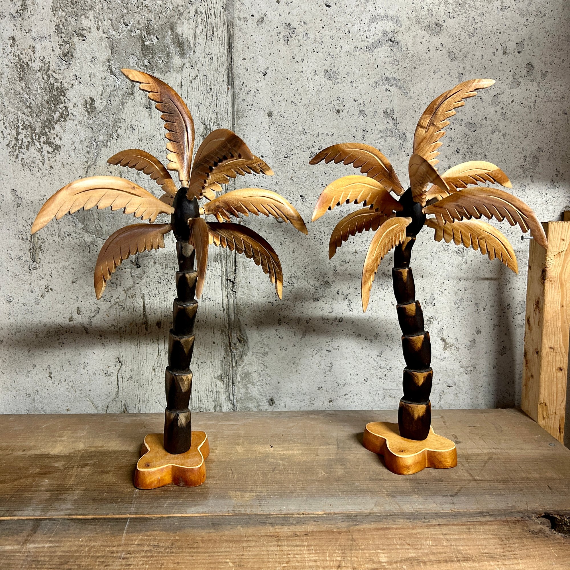Pair Of Handcarved Wooden Palm Tree Sculptures With Removable Leaves ...