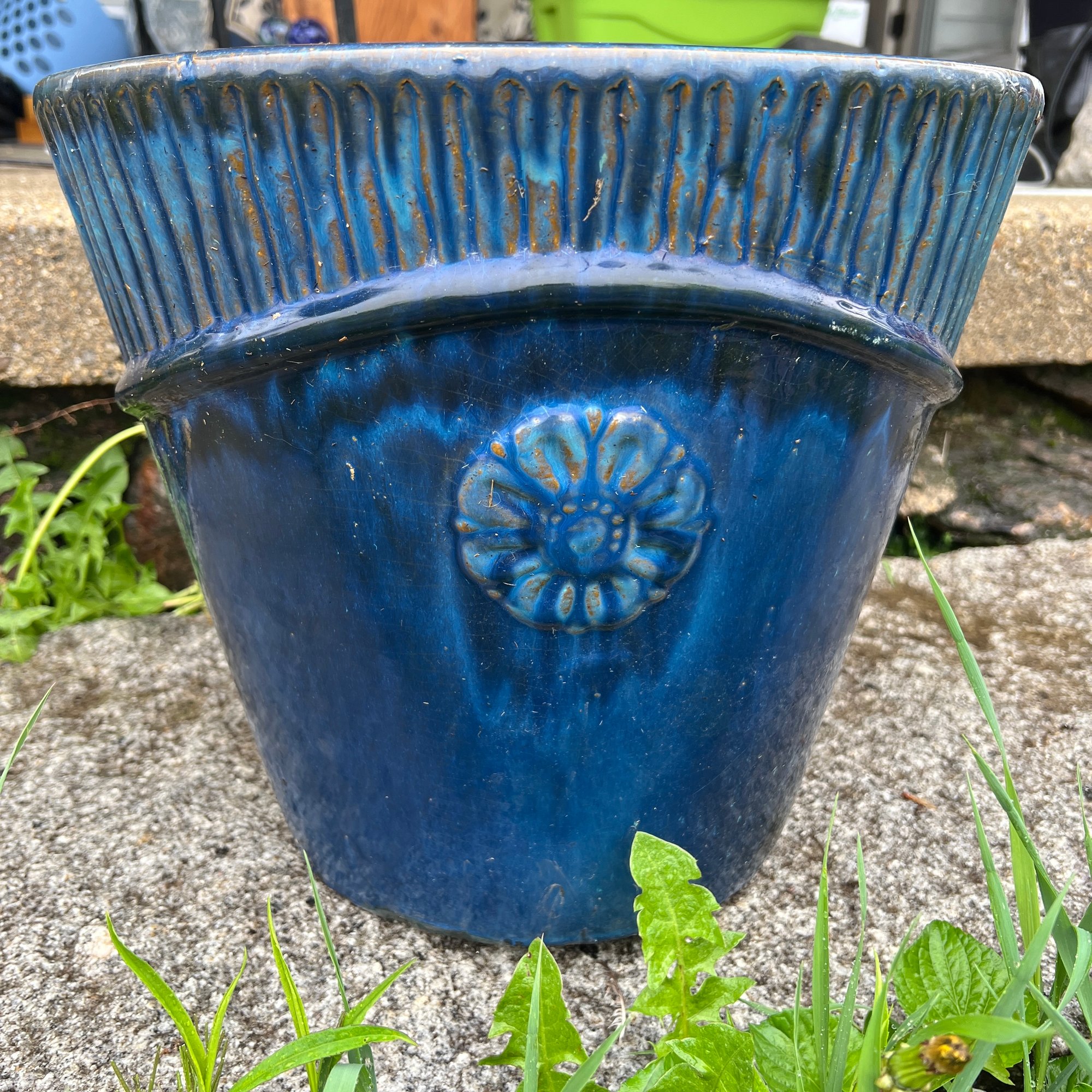 Large Blue Glazed Clay Planter #89002 | Auctionninja.com