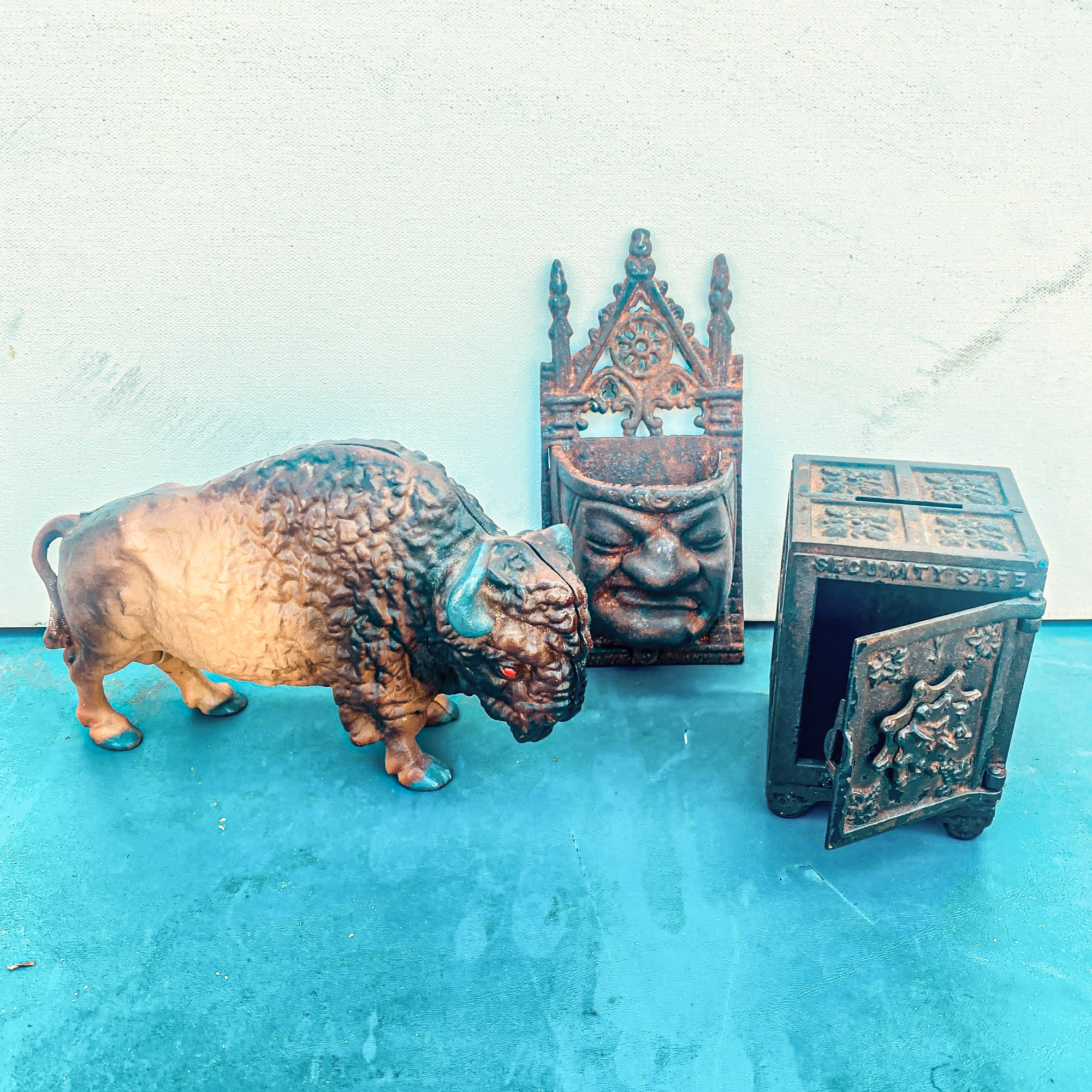 Wright Buffalo Coin Bank, Metal Safe Coin Bank & Antique Metal Match ...