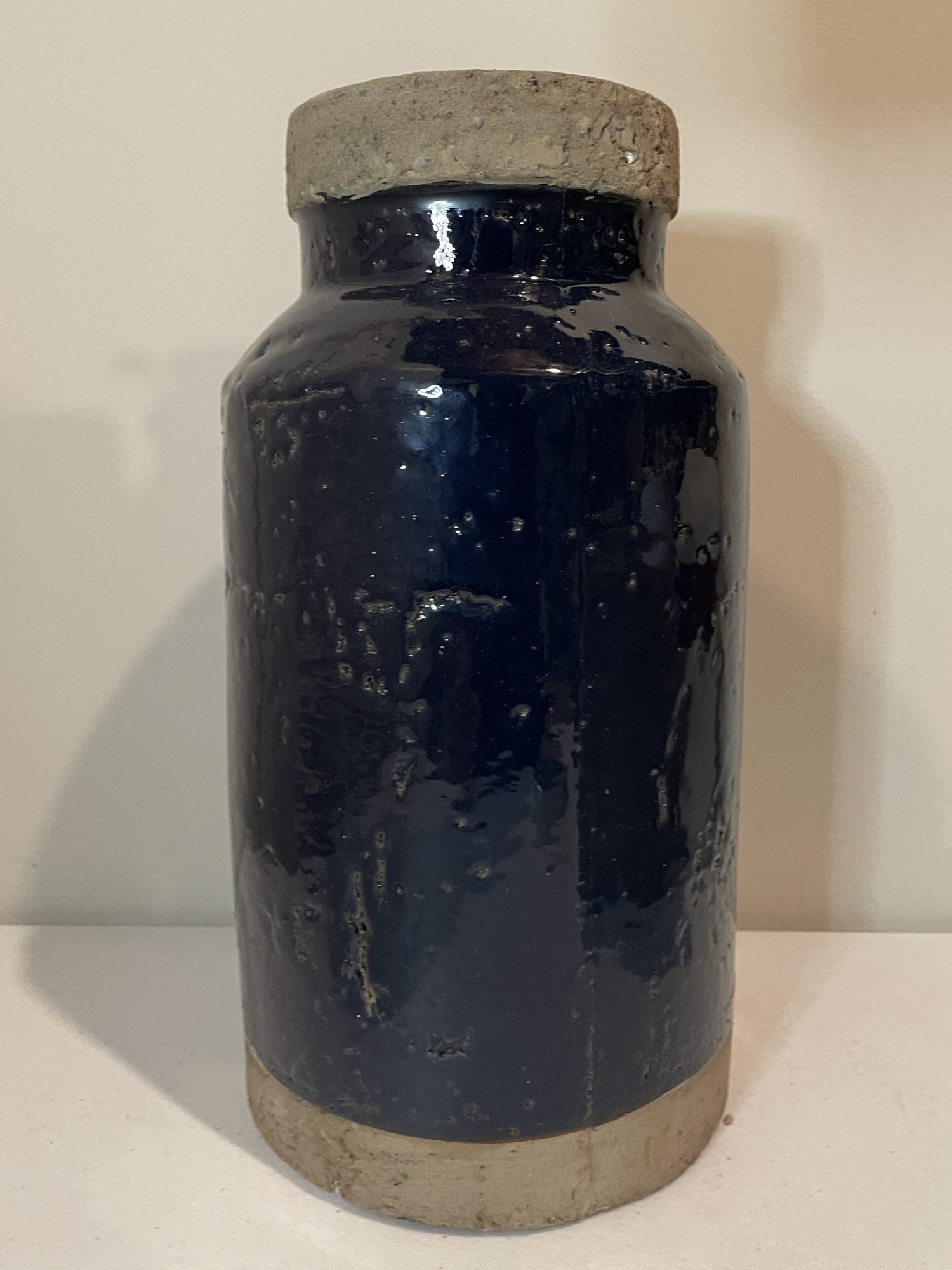 TALL GLAZED BLUE POTTERY FARMHOUSE JAR #12311 | Auctionninja.com