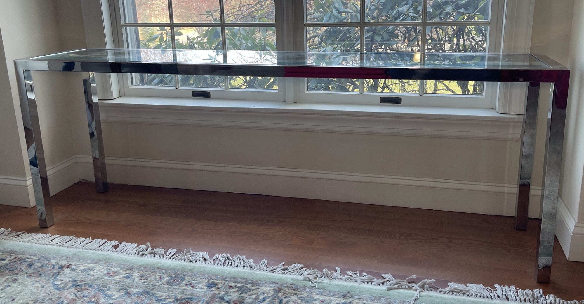 MCM CHROME GLASS TOP CONSOLE TABLE IN THE STYLE OF MILO BAUGHMAN #15545 ...