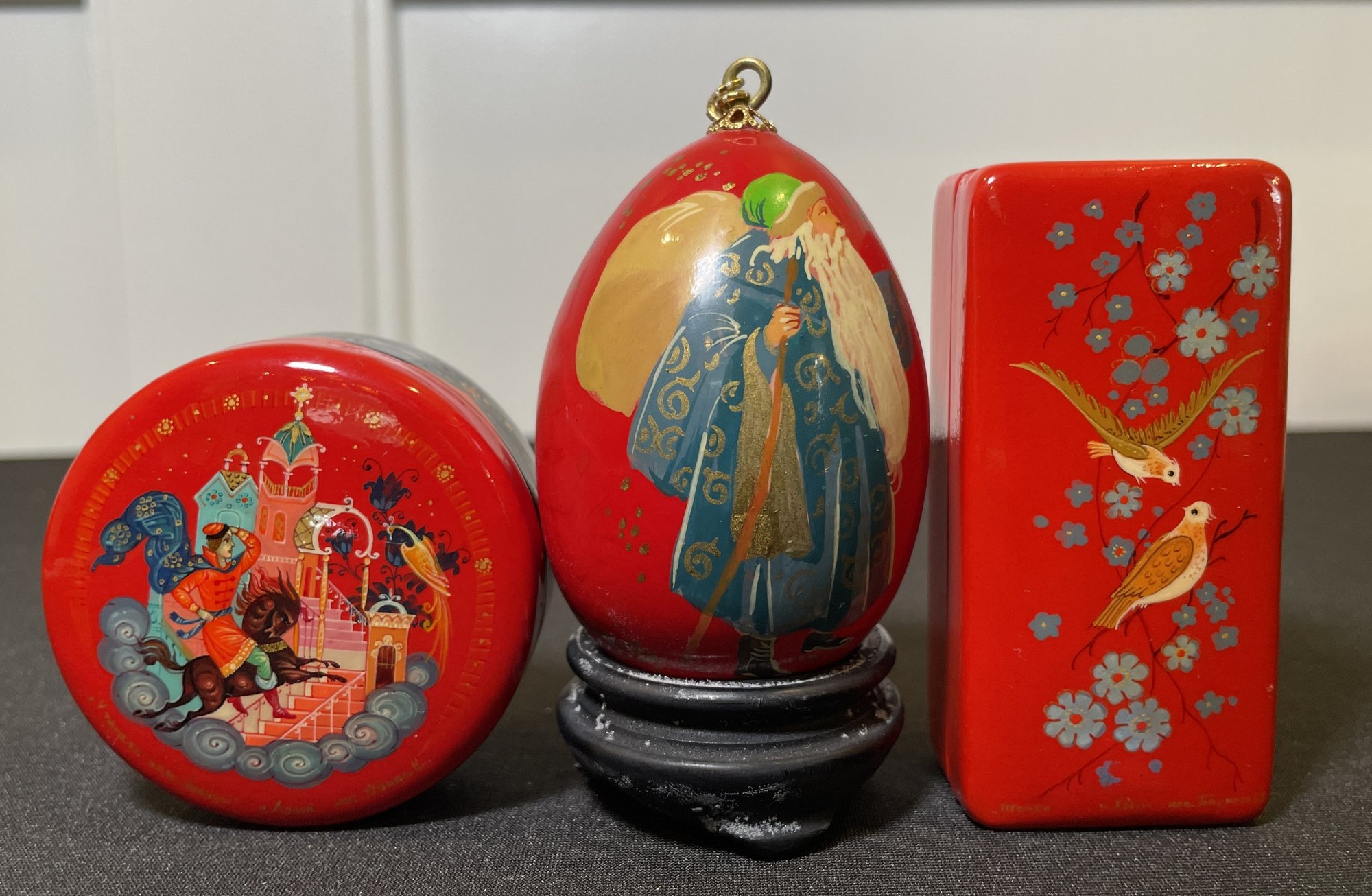 SET OF 3 VINTAGE RUSSIAN RED LACQUER PILL BOX, TRINKET BOX, AND ...