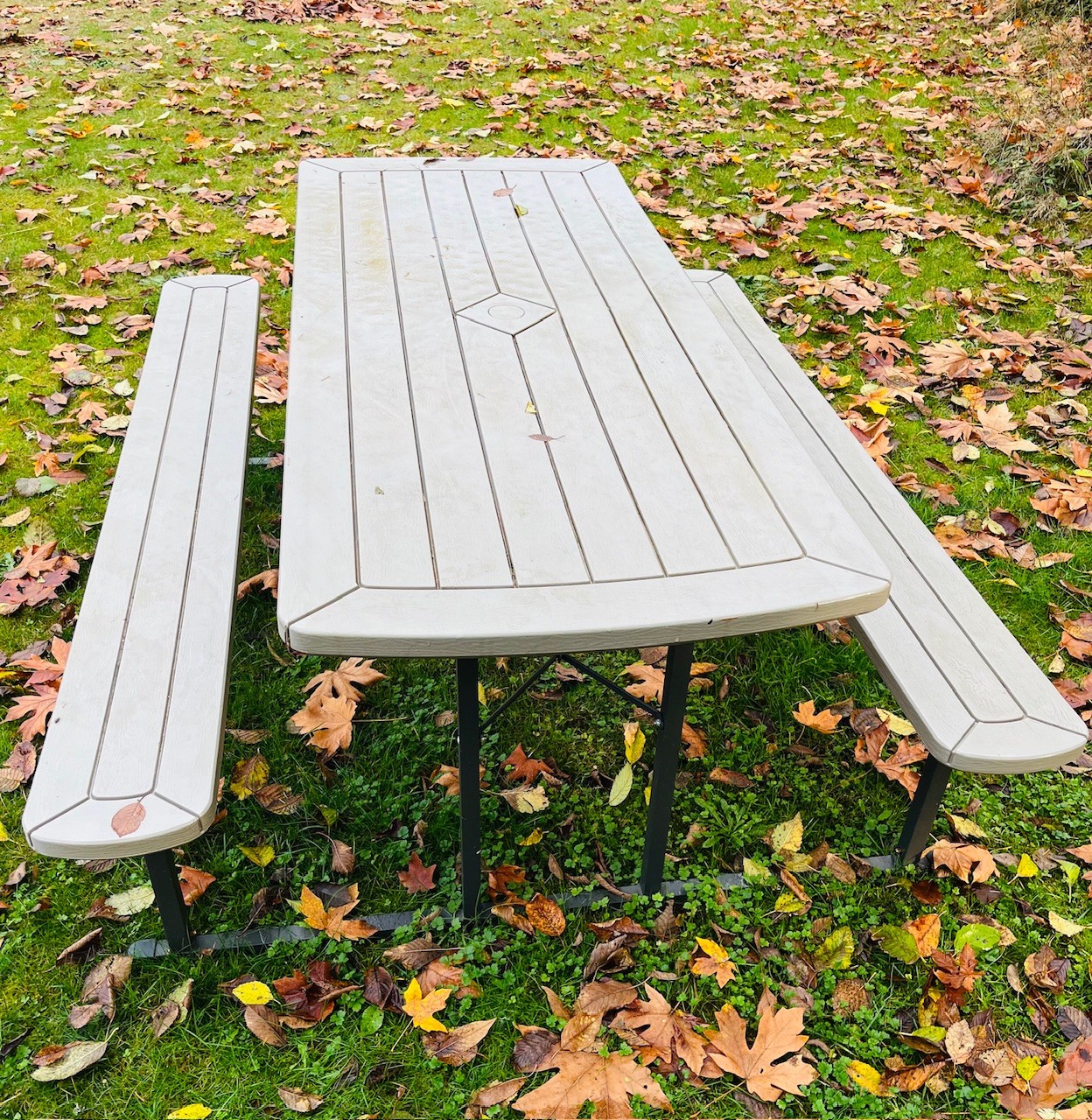 R00 Plastic Picnic Table All One Piece Benches Connected To Table ...