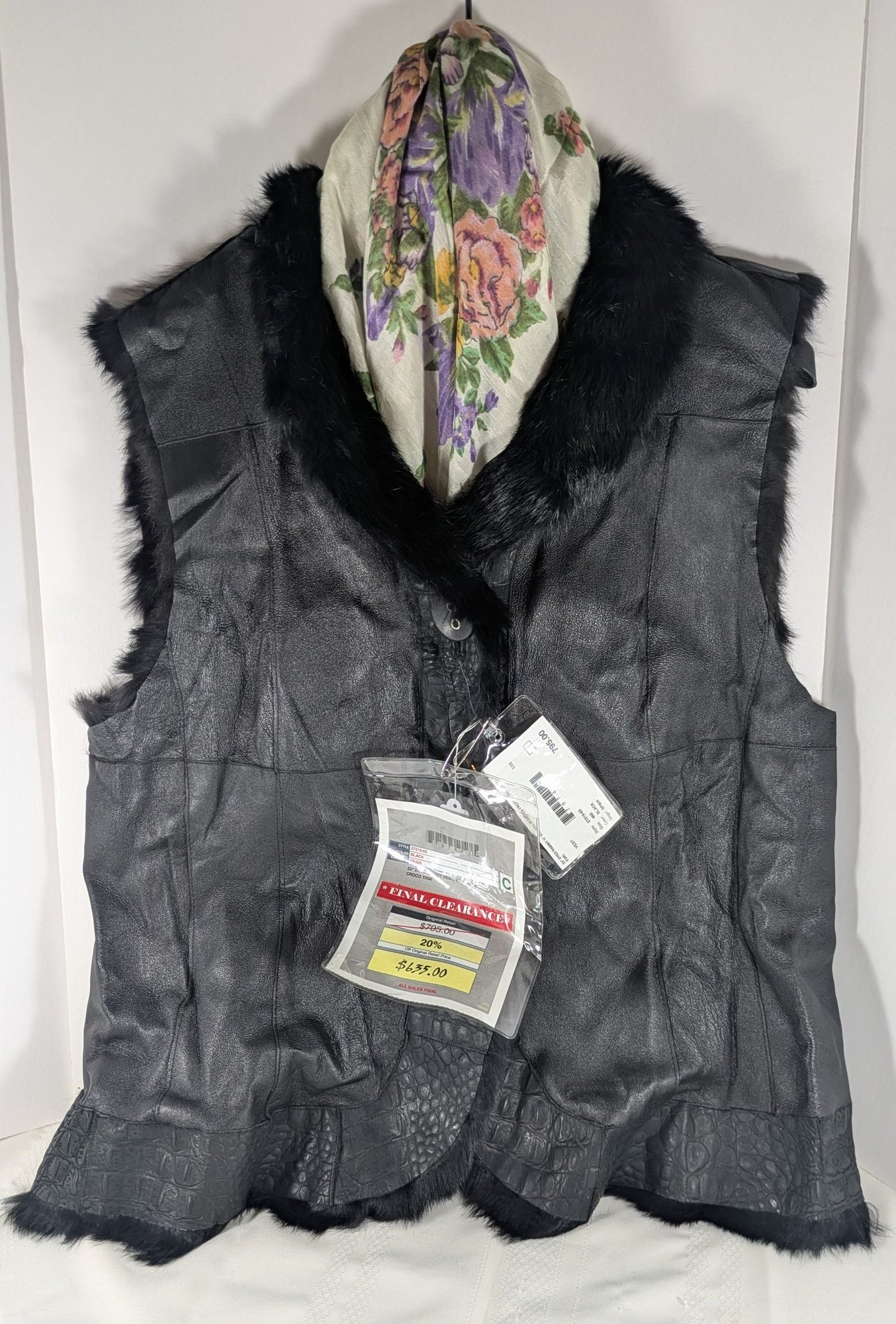 Black Leather Rabbit Fur Vest With Croc Trim And Fashion Scarf #1038 ...