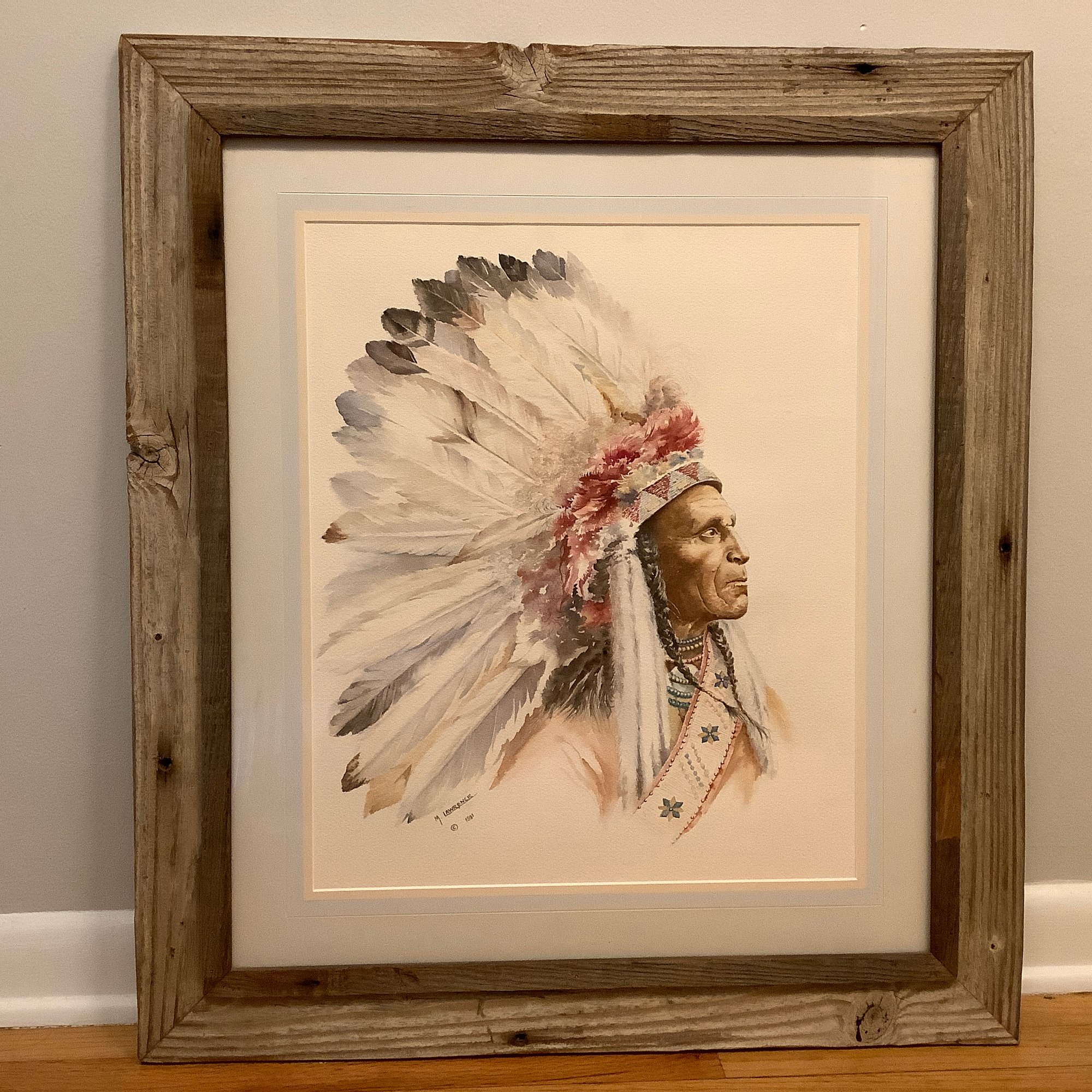 Original Signed Watercolor Framed Painting By M. Lawrence, "Chief Raven ...