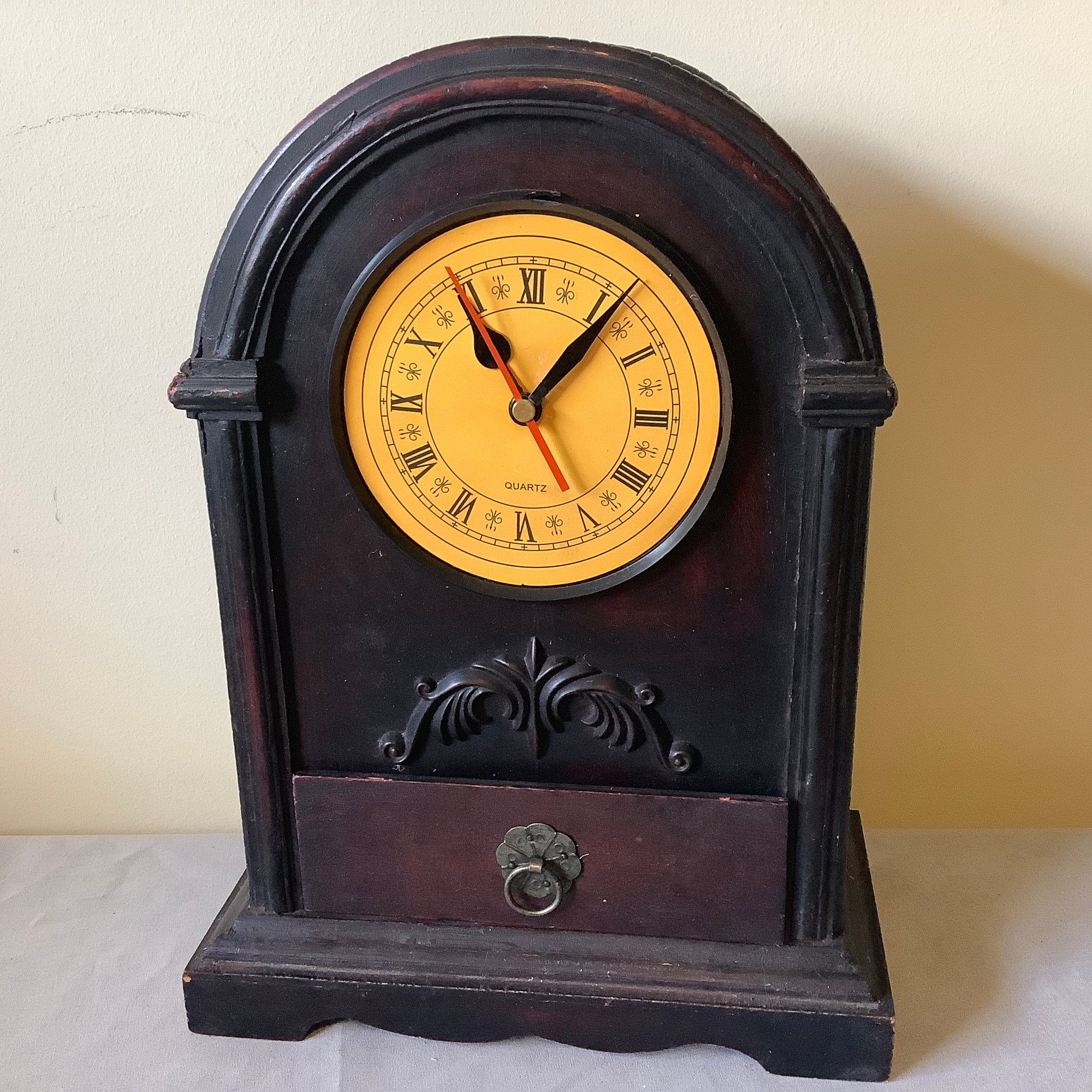 Dark Mantle Style Clock With Front Drawer #6635 | Auctionninja.com