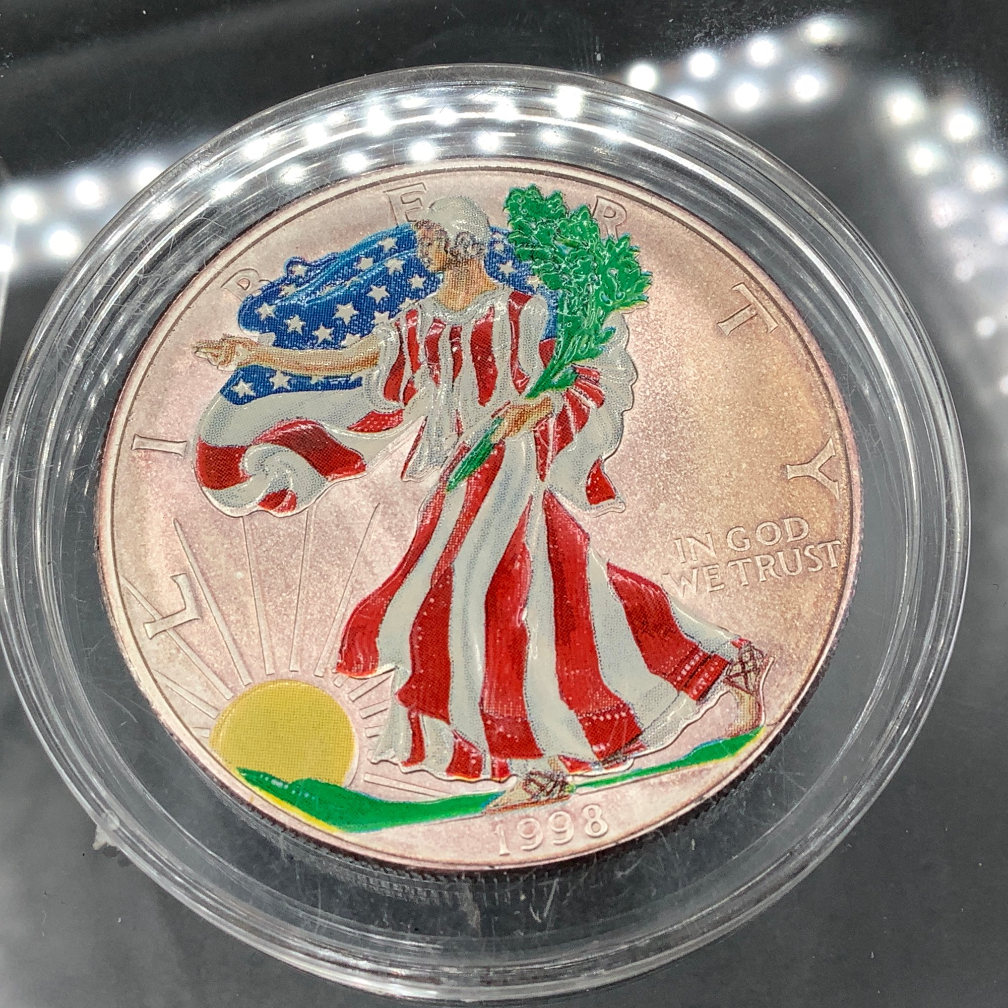 Colorized Silver Eagle Coin, 1998 In Enclosed Acrylic Case, One Ounce ...