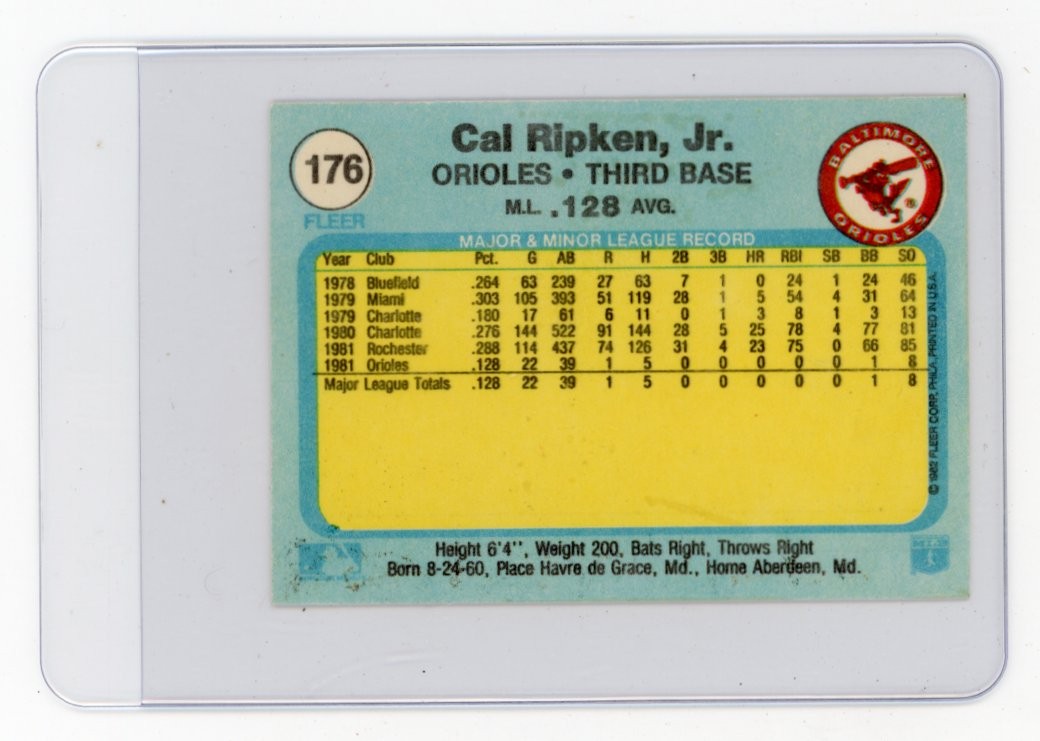 Cal Ripken Jr. Rookie Card 1982 Fleer Baseball Card #17955 ...