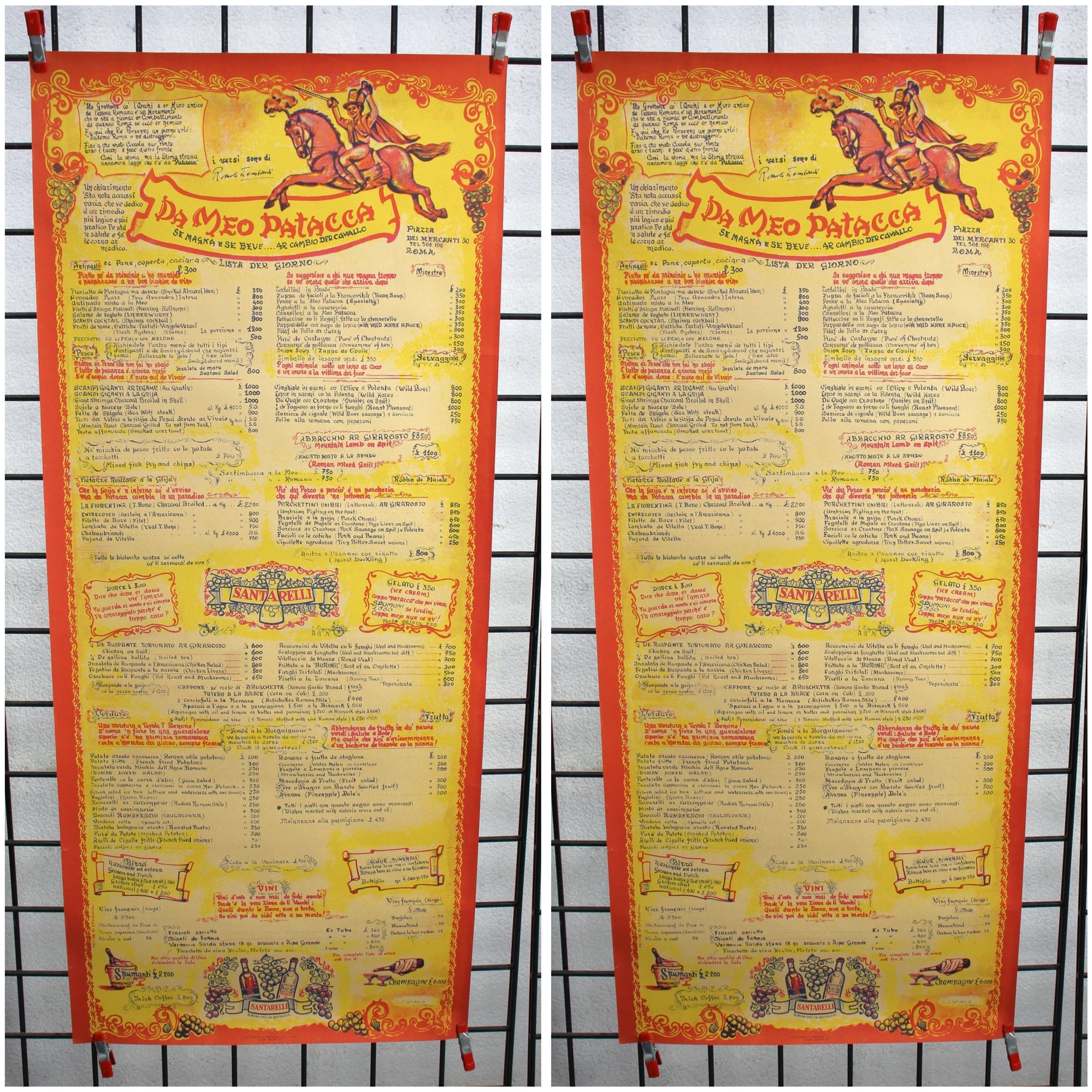 #23-pair Of Vintage Italian Restaurant Menu Poster - Da Meo Patacca ...