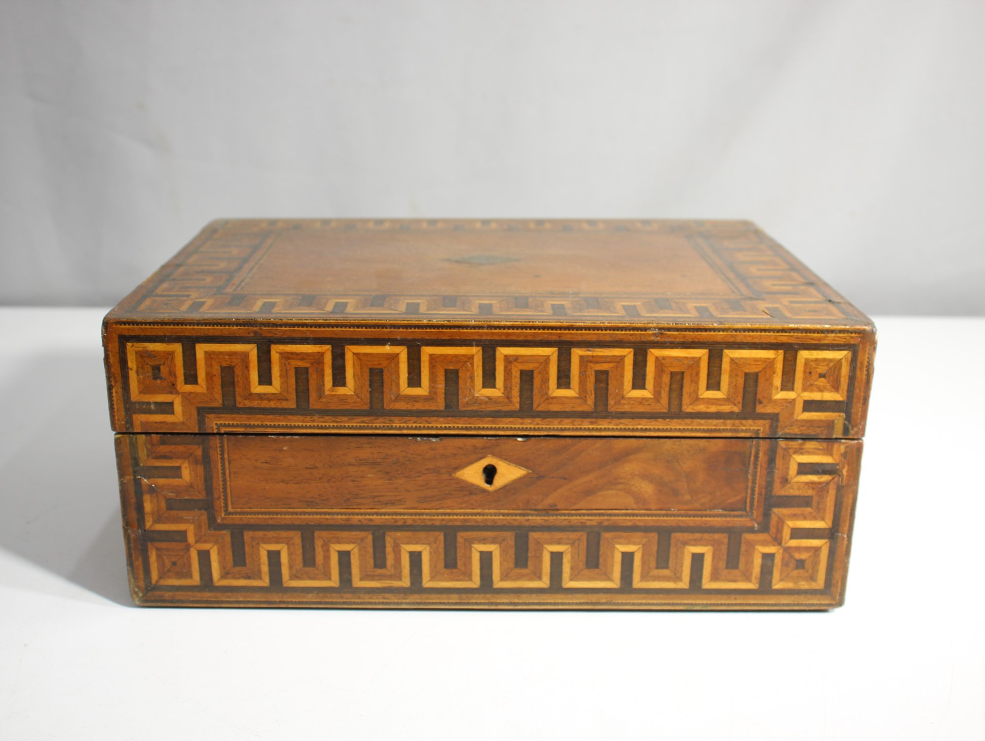 Antique Wooden Writing Box With Inlaid Greek Key Design And Brass ...