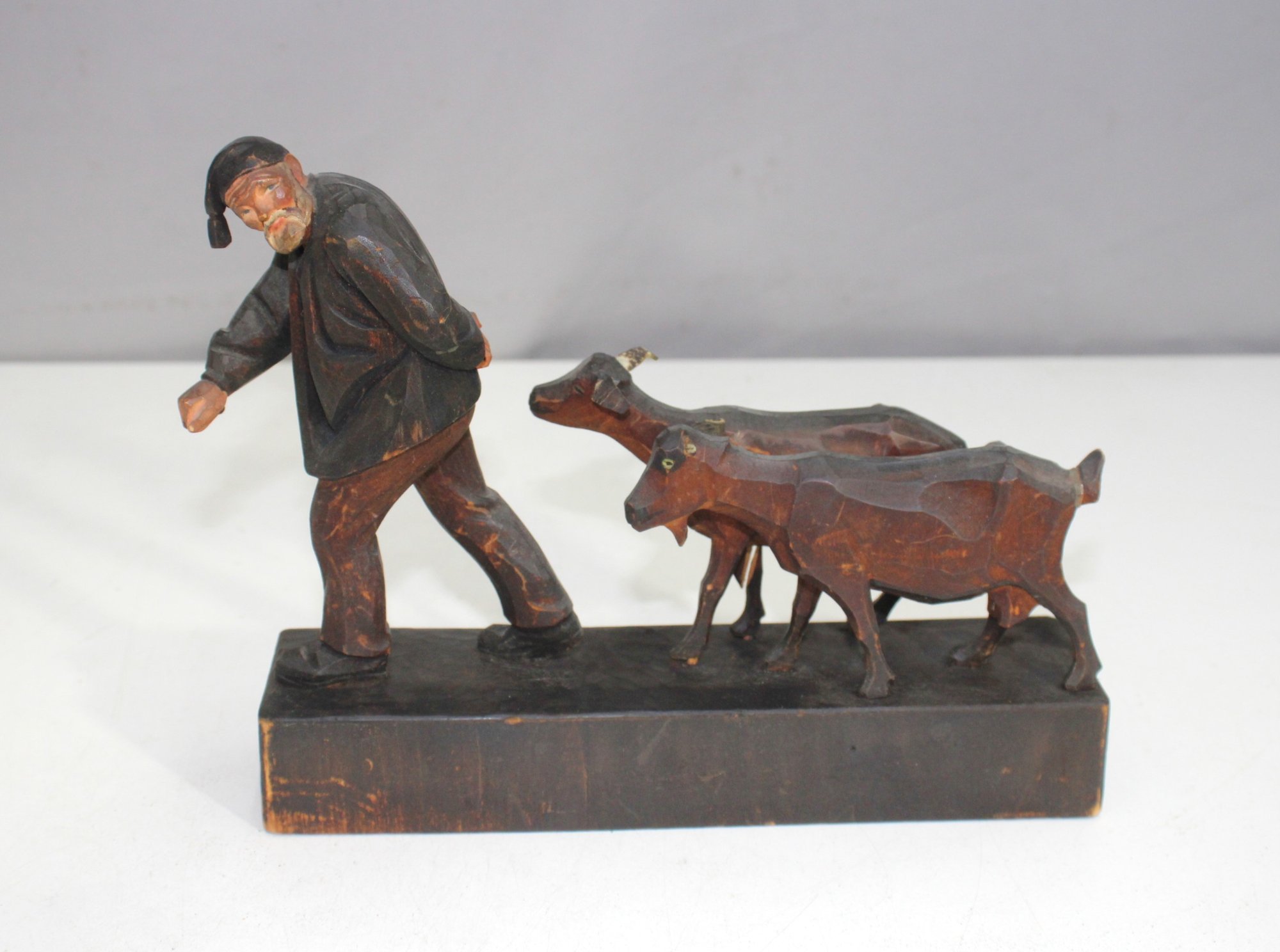 Vintage Hand-Carved Wooden Figurine Man Leading Two Goats Folk Art ...