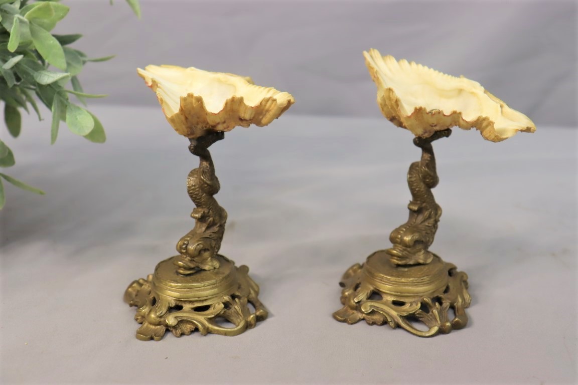 Two Lion's Paw Scallop Shells Atop Baroque Brass Koi Dragon Fish Mounts ...