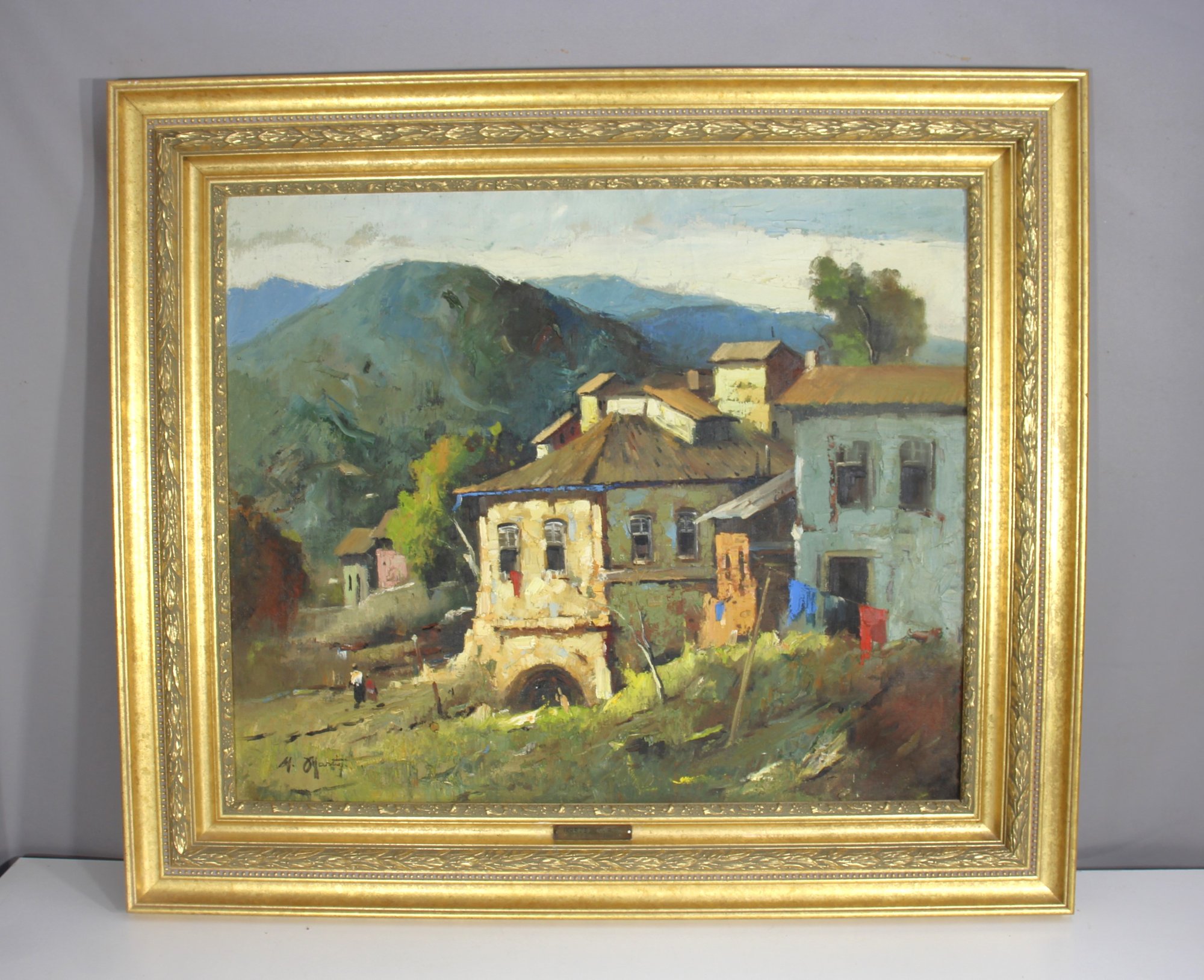 Vintage Framed Oil Painting By Michel Martin Mountain Village Scene 34 ...