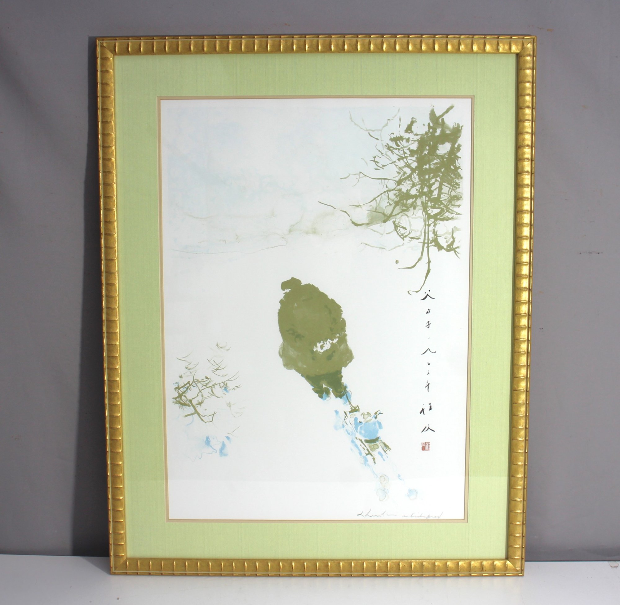 Pencil Signed Asian Lithograph Serene Figure And Calligraphy In Gold ...