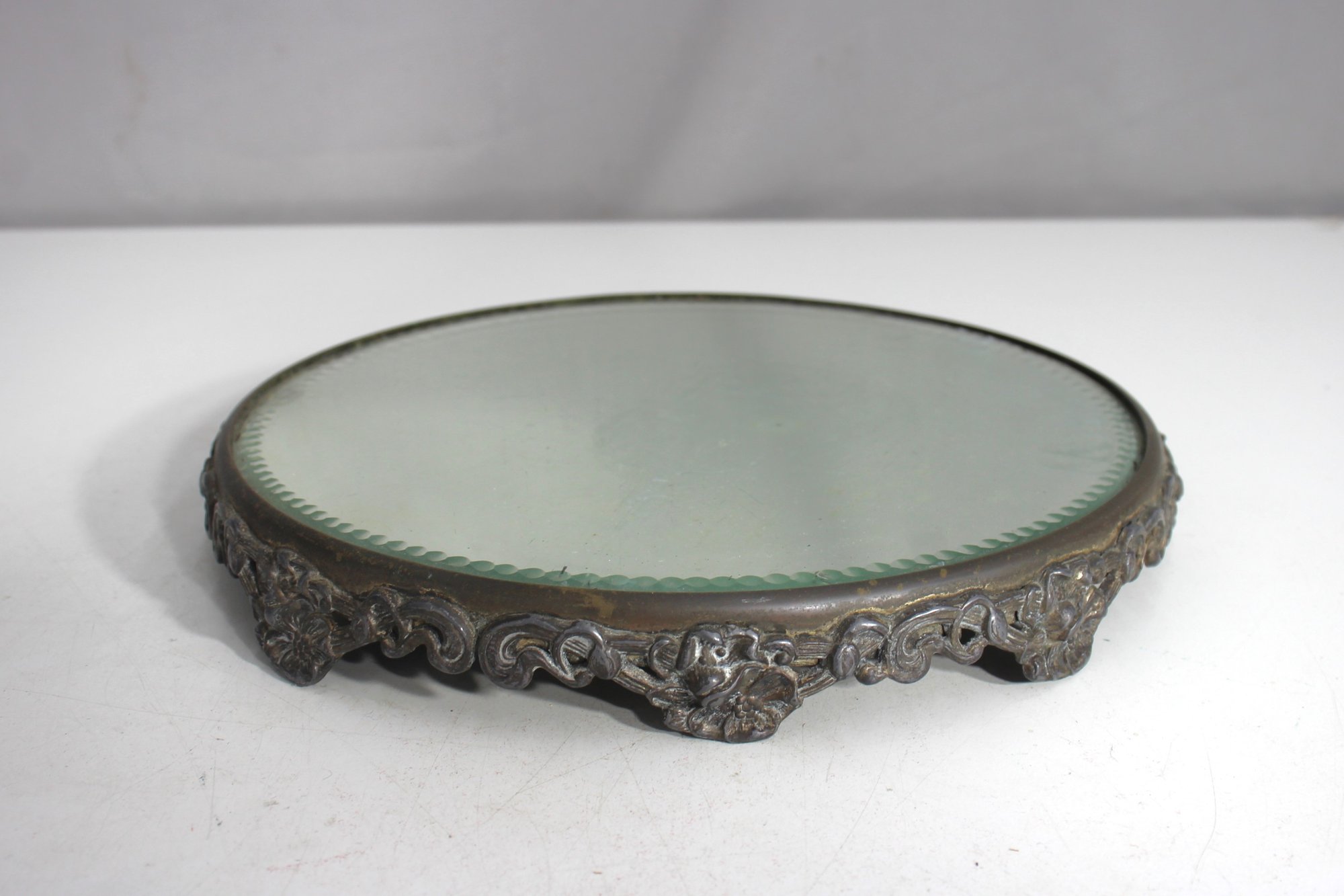 Antique Ornate Metal & Glass Plateau Mirror 10 Round Display Stand ...