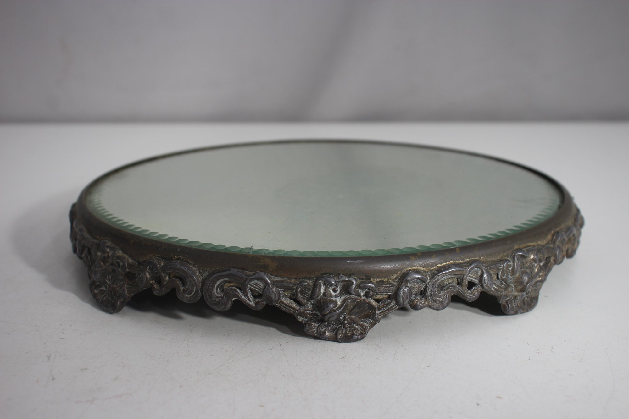 Antique Ornate Metal & Glass Plateau Mirror 10 Round Display Stand ...