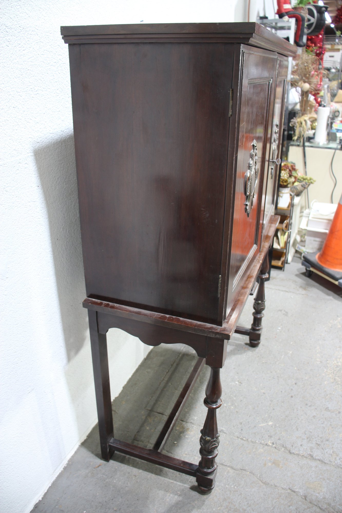 Antique Jacobean Style Mahogany Bar Cabinet With Ornate Brass Accents ...