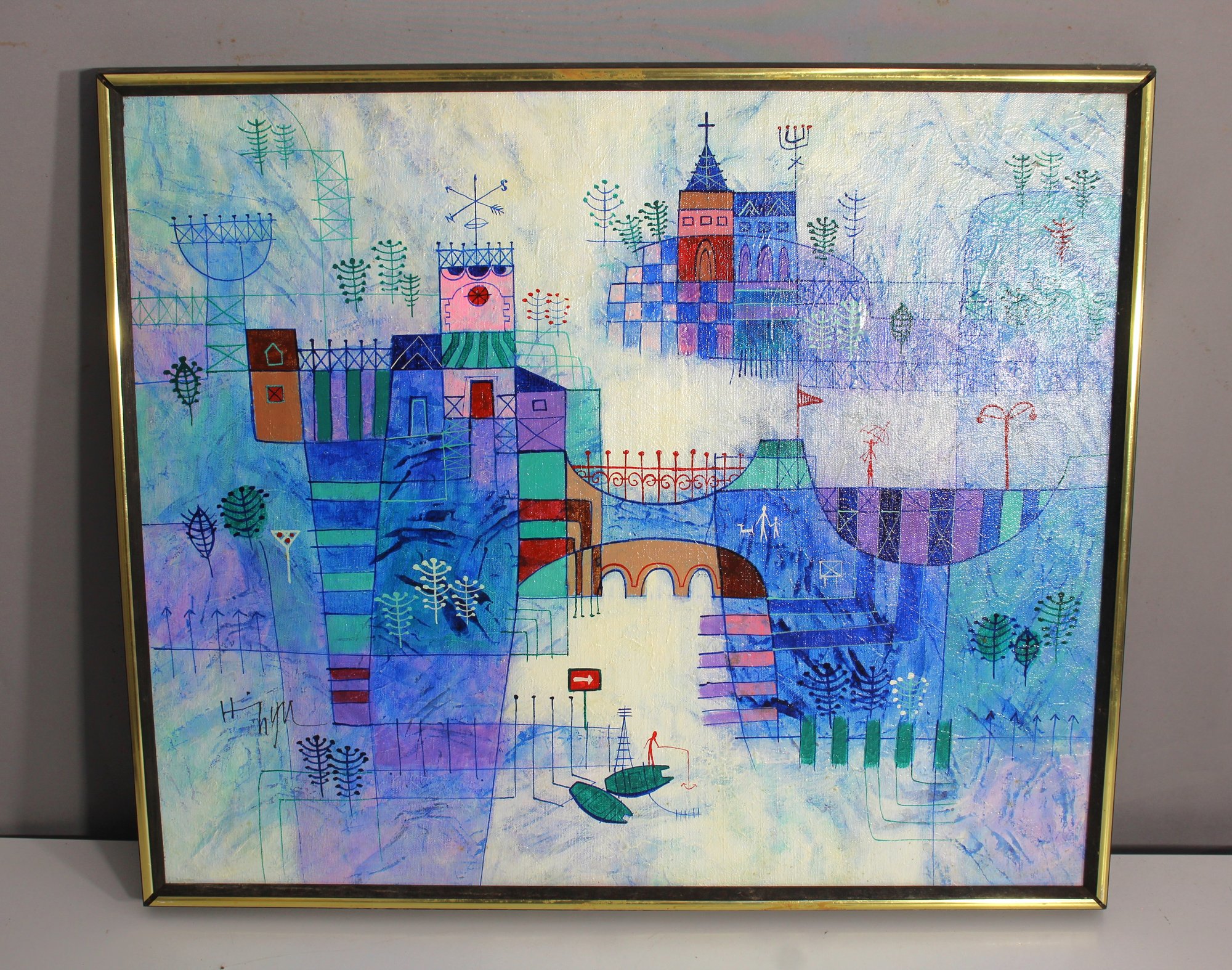 Signed Original Abstract Village Painting By Heshin Yu Naive Chinese ...