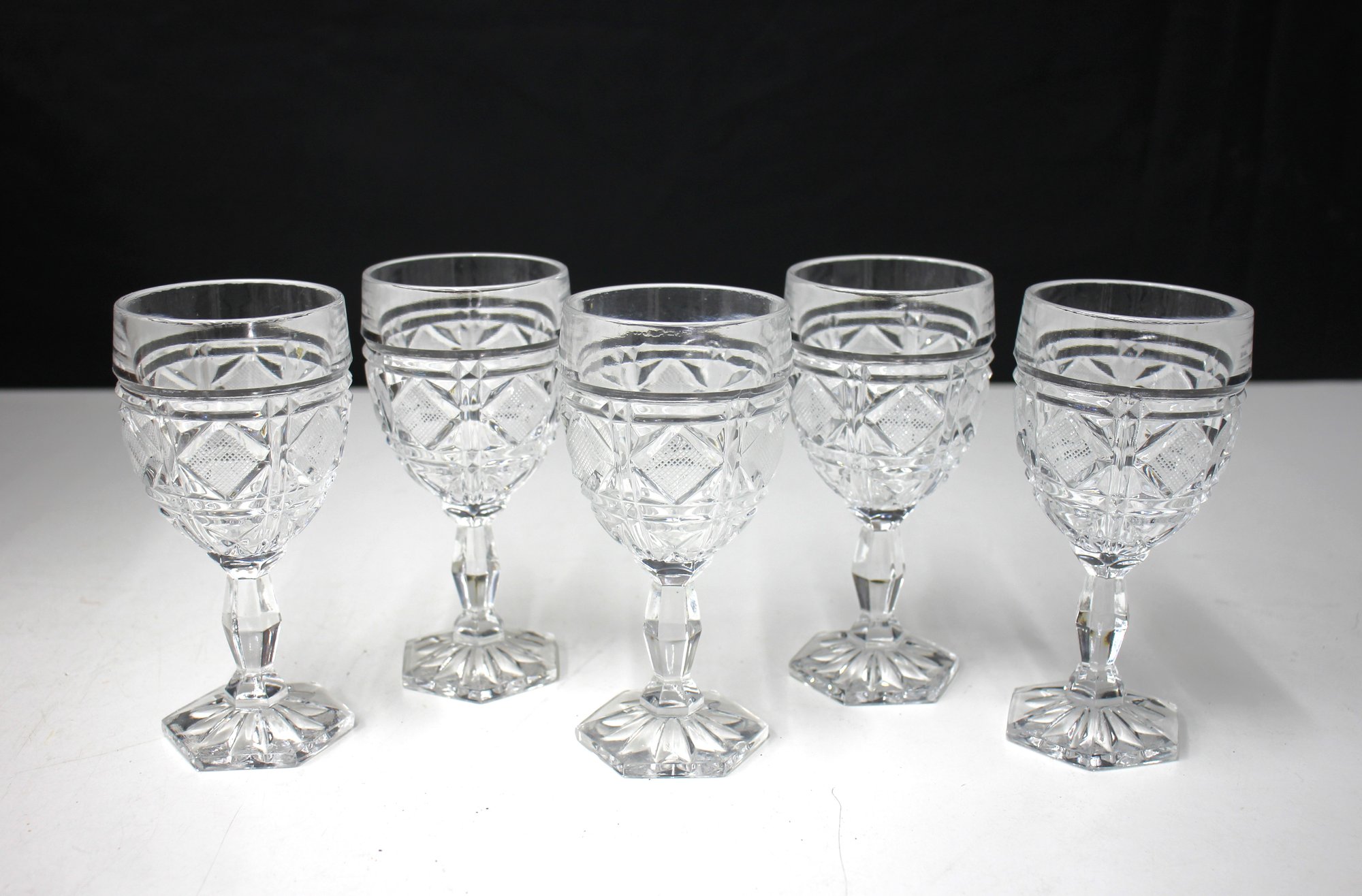 Set Of 5 Vintage Cut Crystal Wine Goblets - 5.5"" Hexagonal Base #76387 ...