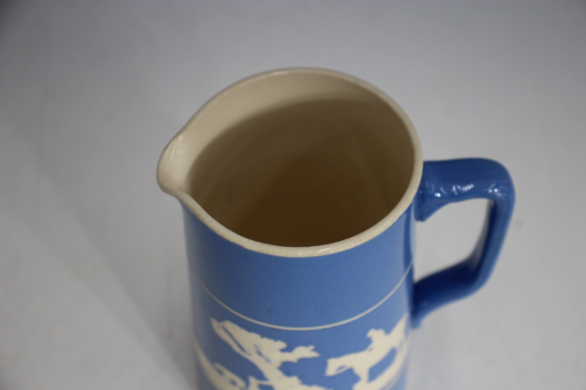 Vintage Blue Jasperware-Style Pitcher 6.5" Relief Hunting Scene #83836 ...