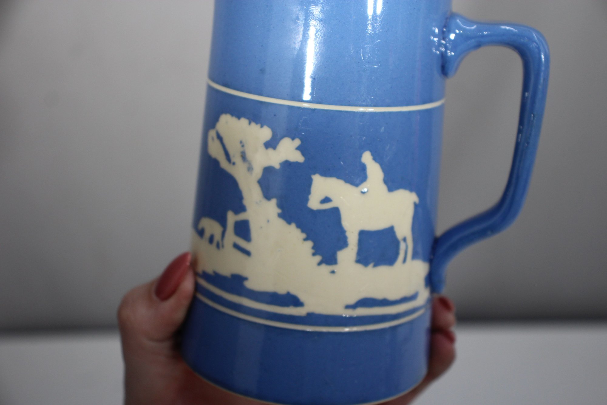 Vintage Blue Jasperware-Style Pitcher 6.5" Relief Hunting Scene #83836 ...